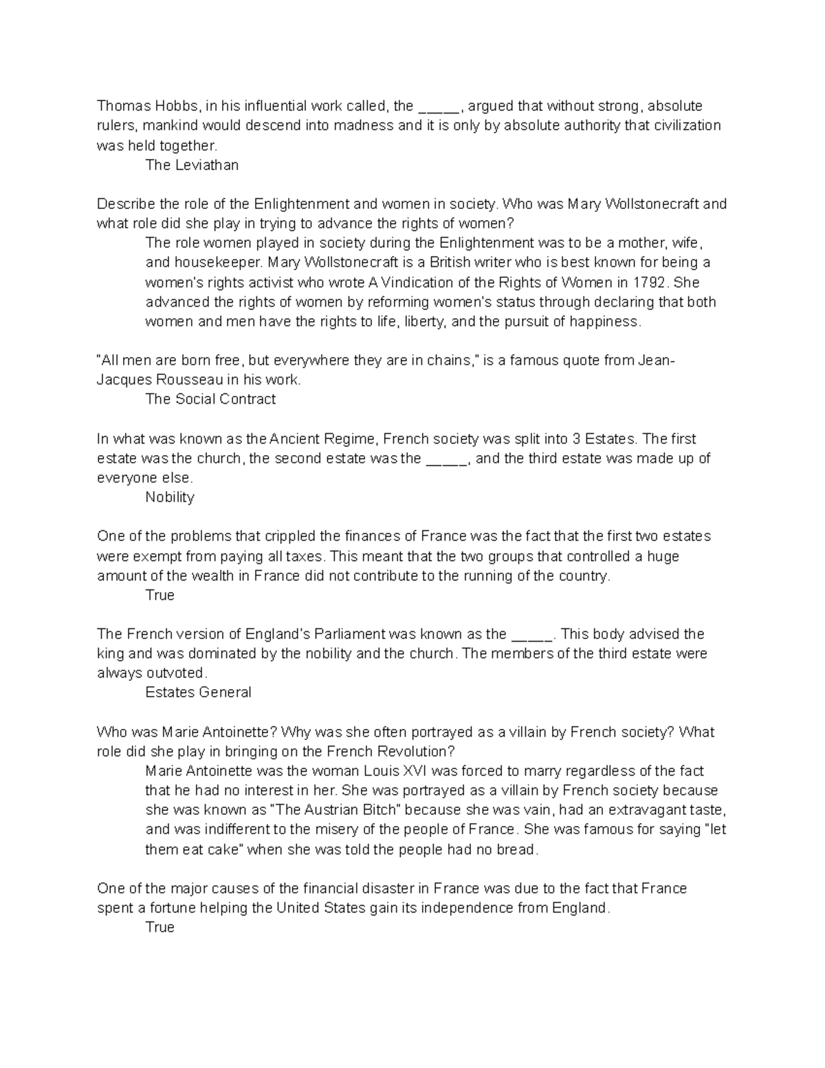 Enlightenment and French Revolution Quiz study guide - Thomas Hobbs, in ...