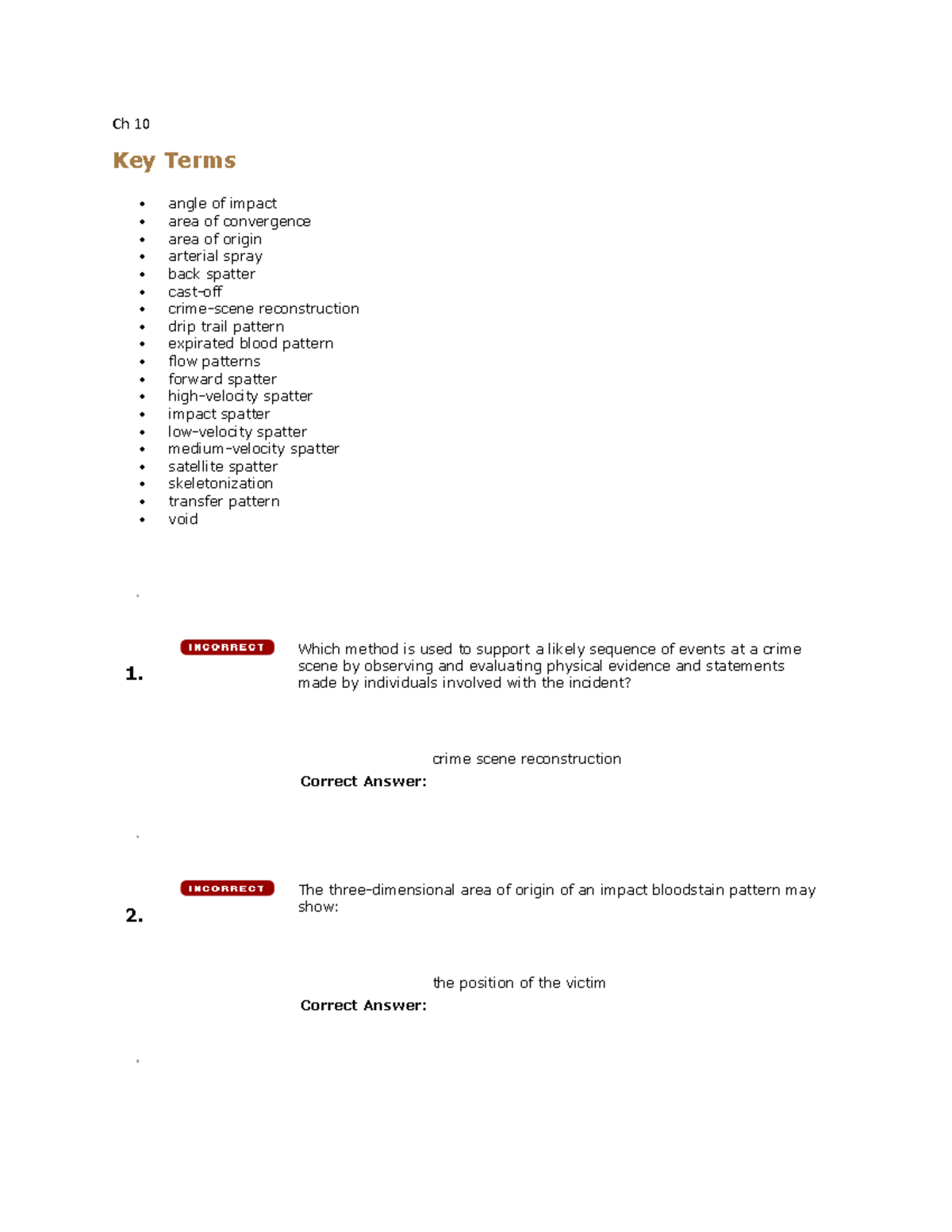 Forensic Science CHAP 10 - Ch 10 Key Terms 1. angle of impact area of ...