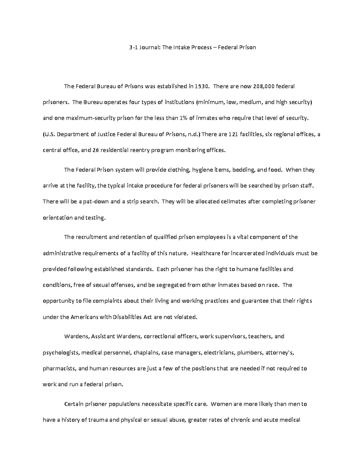 3-1 Journal - Federal Prisons - 3-1 Journal: The Intake Process ...