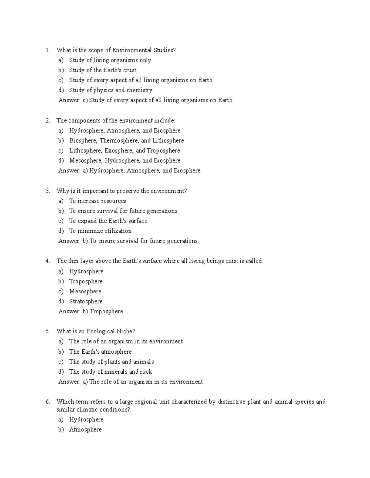 EVS MCQ's - What is the scope of Environmental Studies? a) Study of ...