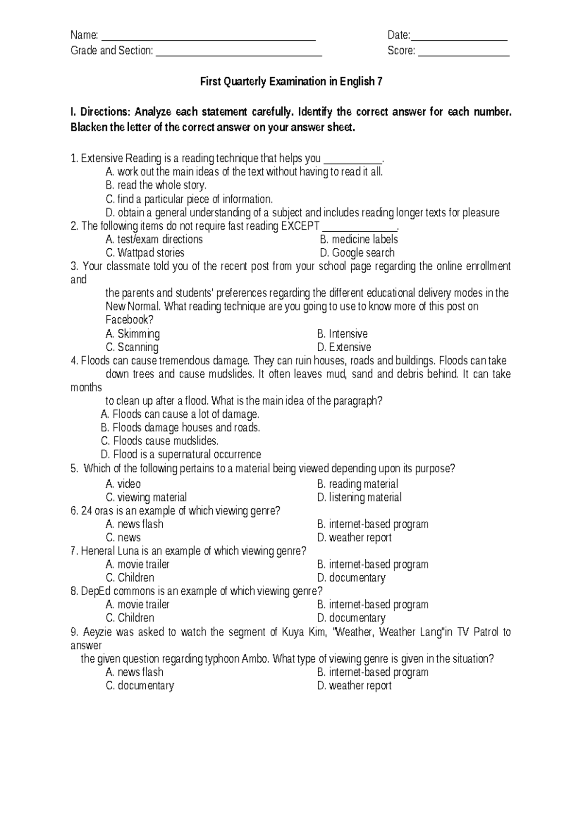 English 7- First Quarter Exam (mock-up) - Name