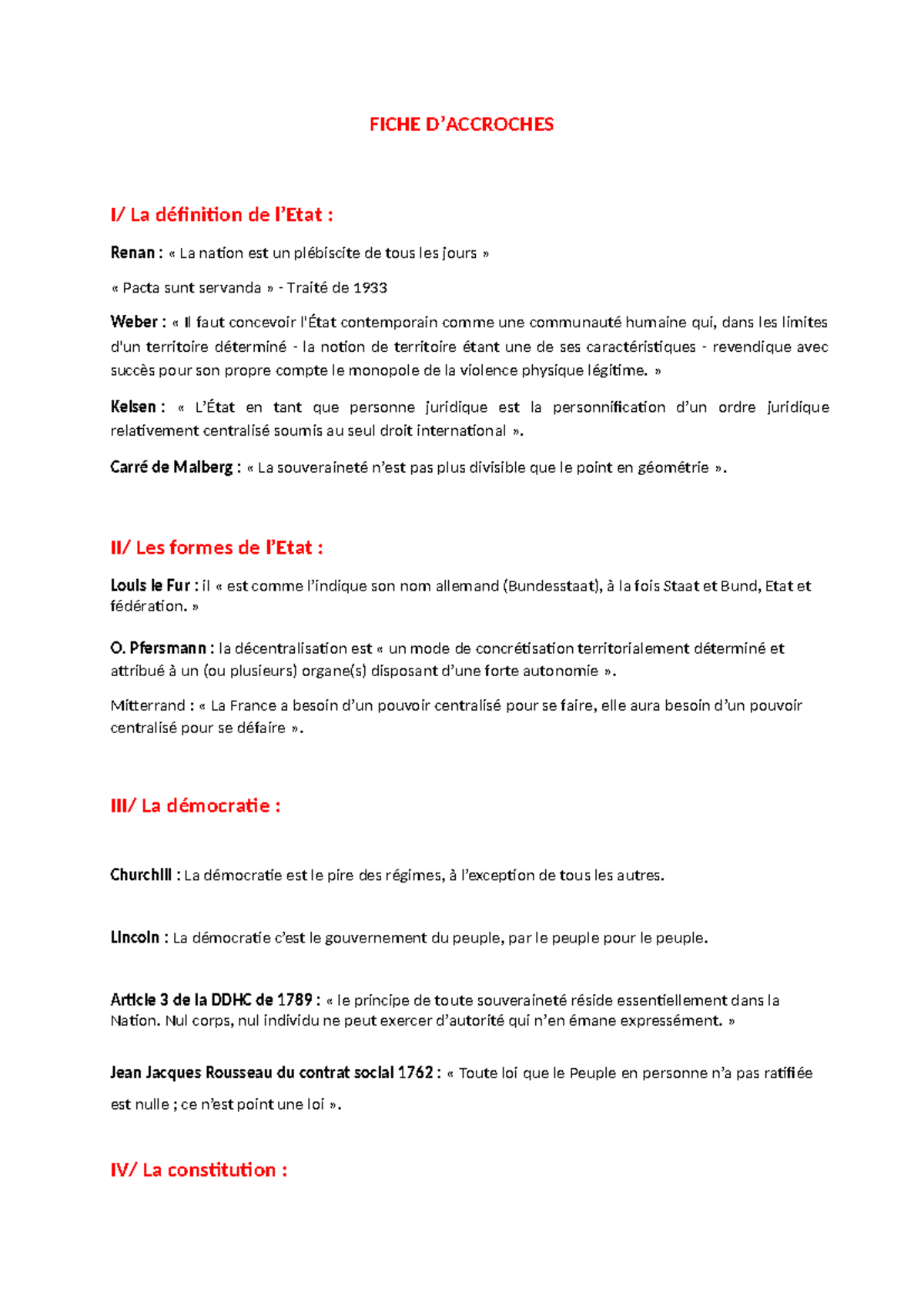 Fiche-d'accroches - FICHE D’ACCROCHES I/ La définition de l’Etat ...