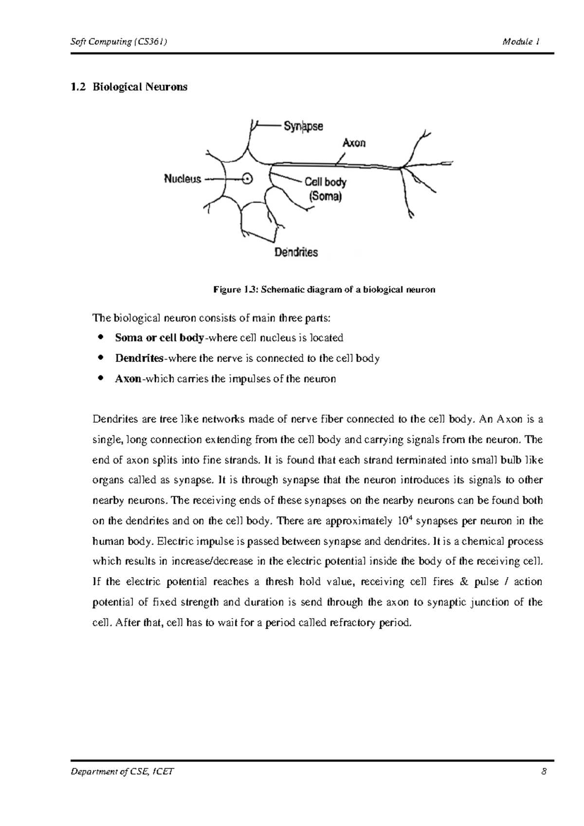 Soft Computing Notes 2nd Unit Department Of Cse Icet 1 Biological Neurons Figure 1 Schematic