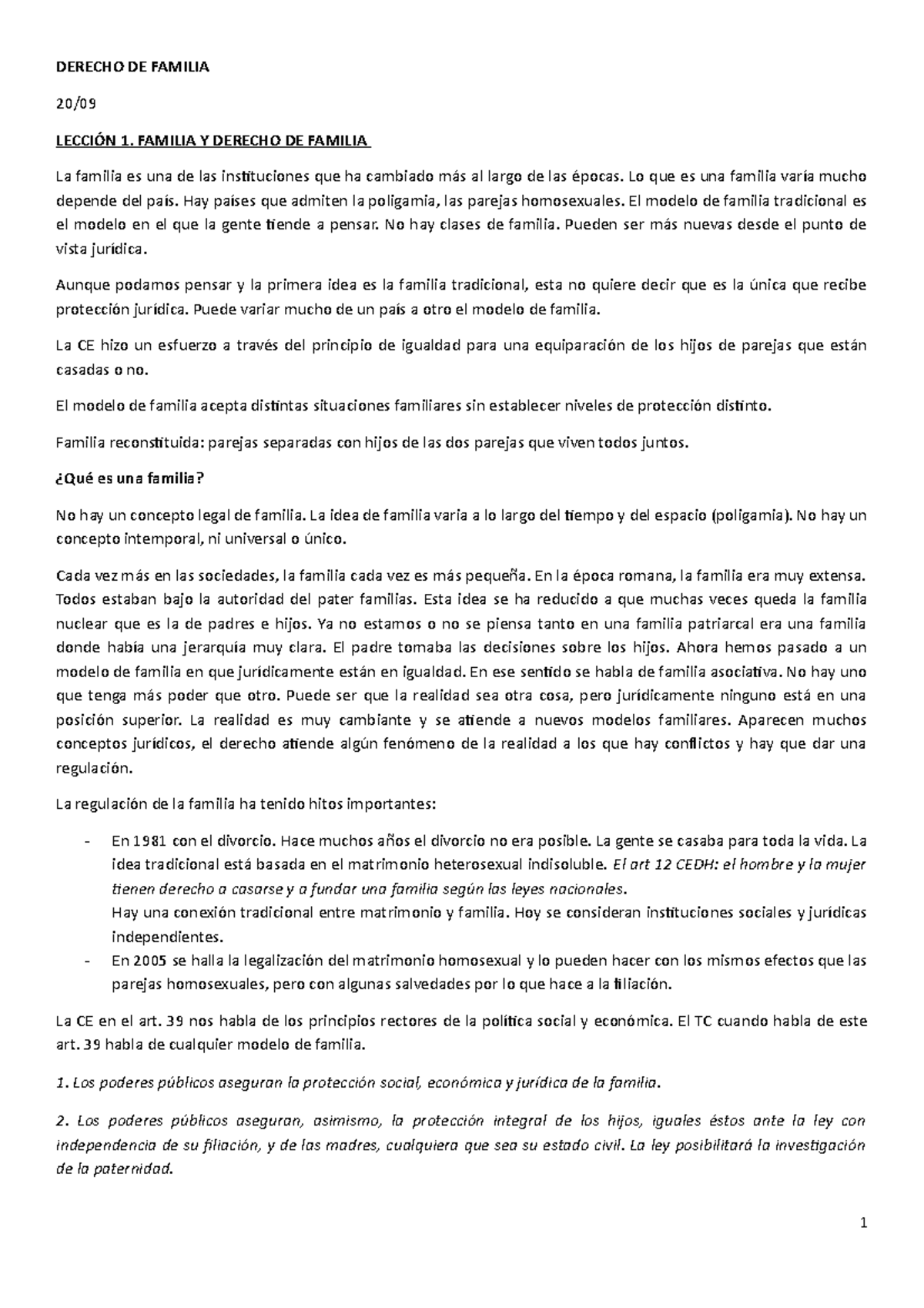 Derecho de familia - DERECHO DE FAMILIA 20/ LECCIÓN 1. FAMILIA Y ...