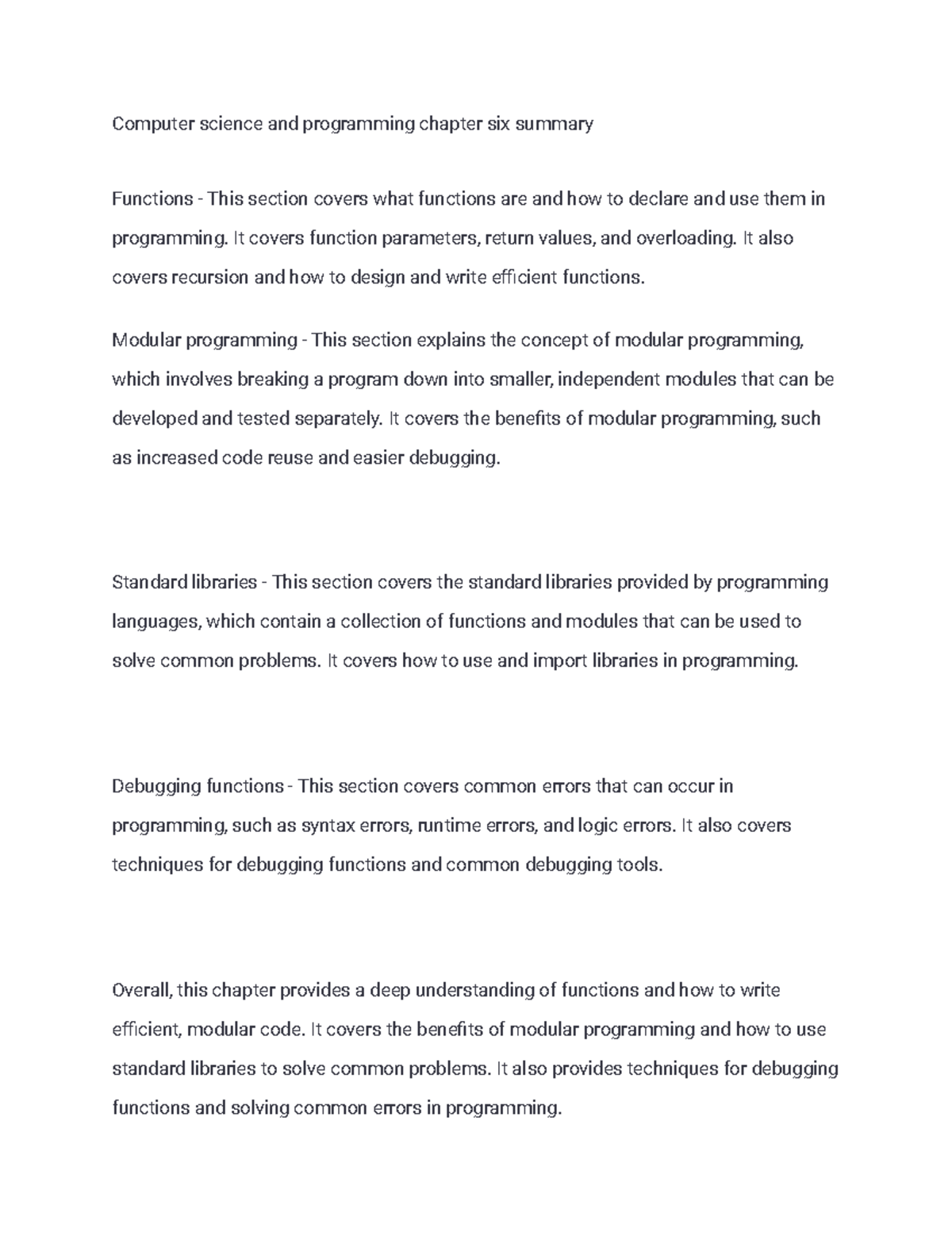 Computer science and programming chapter six summary - It covers ...