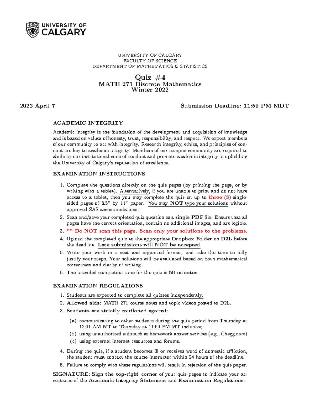 271 w22 online quiz 4 - UNIVERSITY OF CALGARY FACULTY OF SCIENCE DEPARTMENT OF MATHEMATICS ...