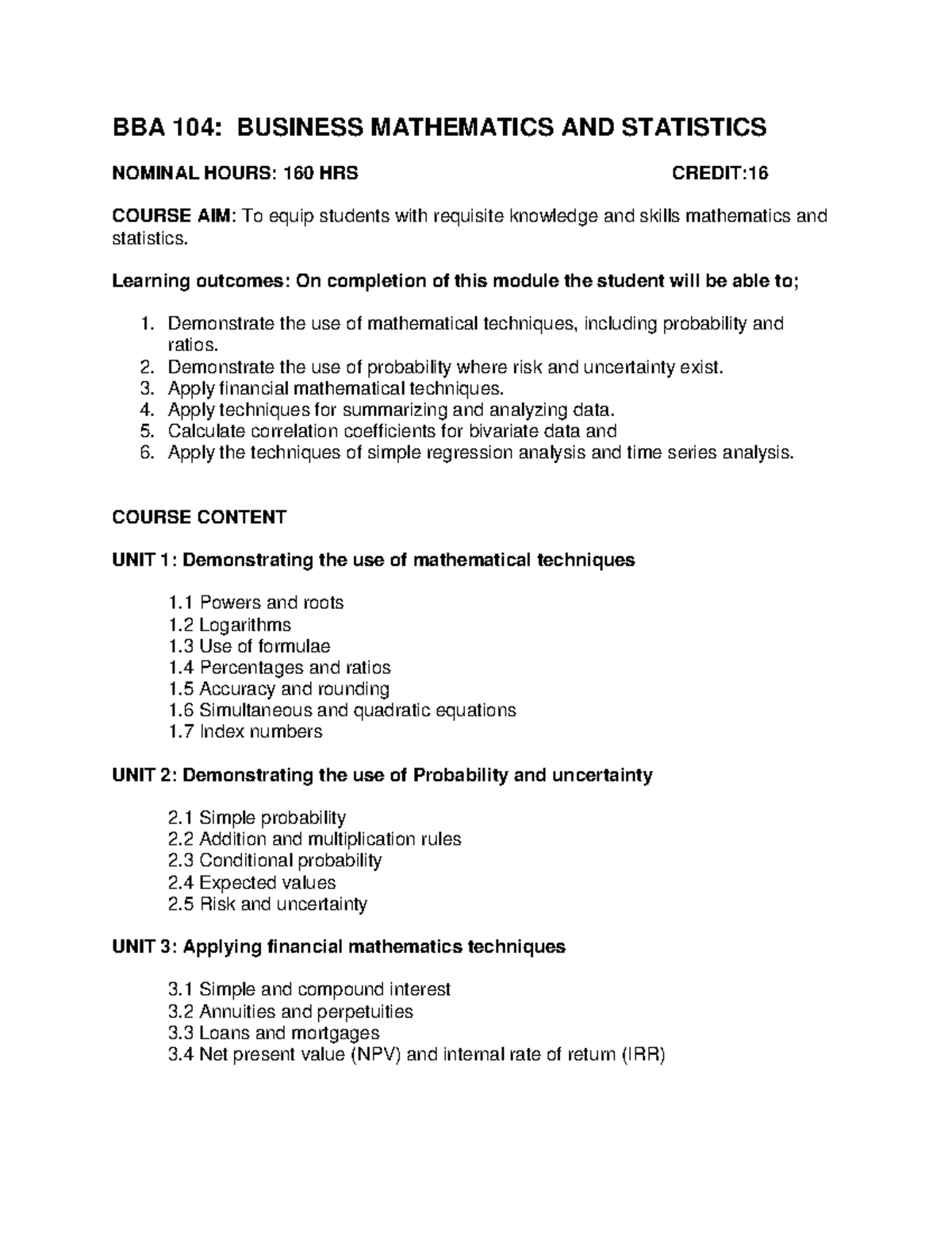 BBA 104 Course Outline - BBA 104: BUSINESS MATHEMATICS AND STATISTICS ...