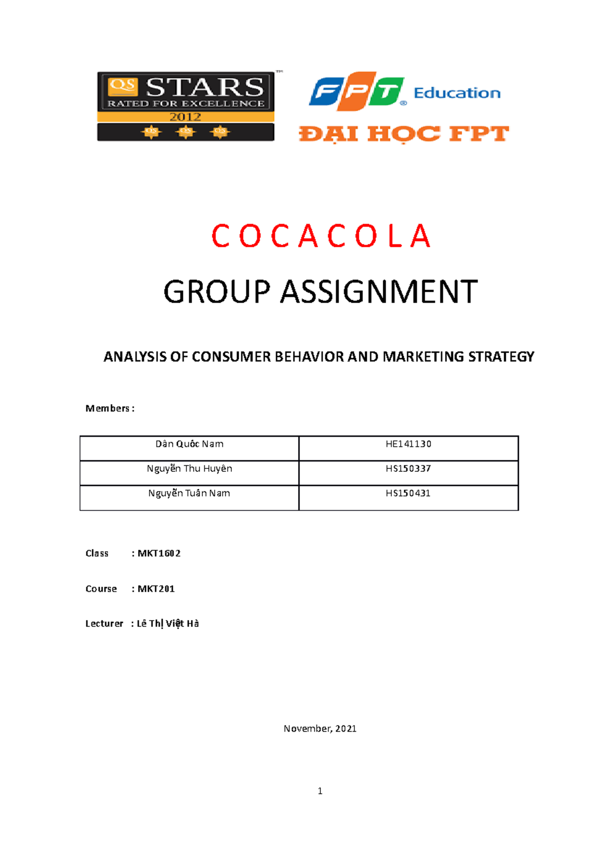 MKT201-Group Assignment-Nhóm10- Cocacola - C O C A C O L A GROUP ...