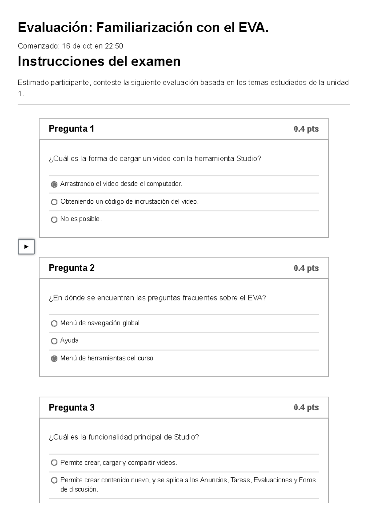 Examen Evaluación Familiarización con el EVA - Comenzado: 16 de oct en ...