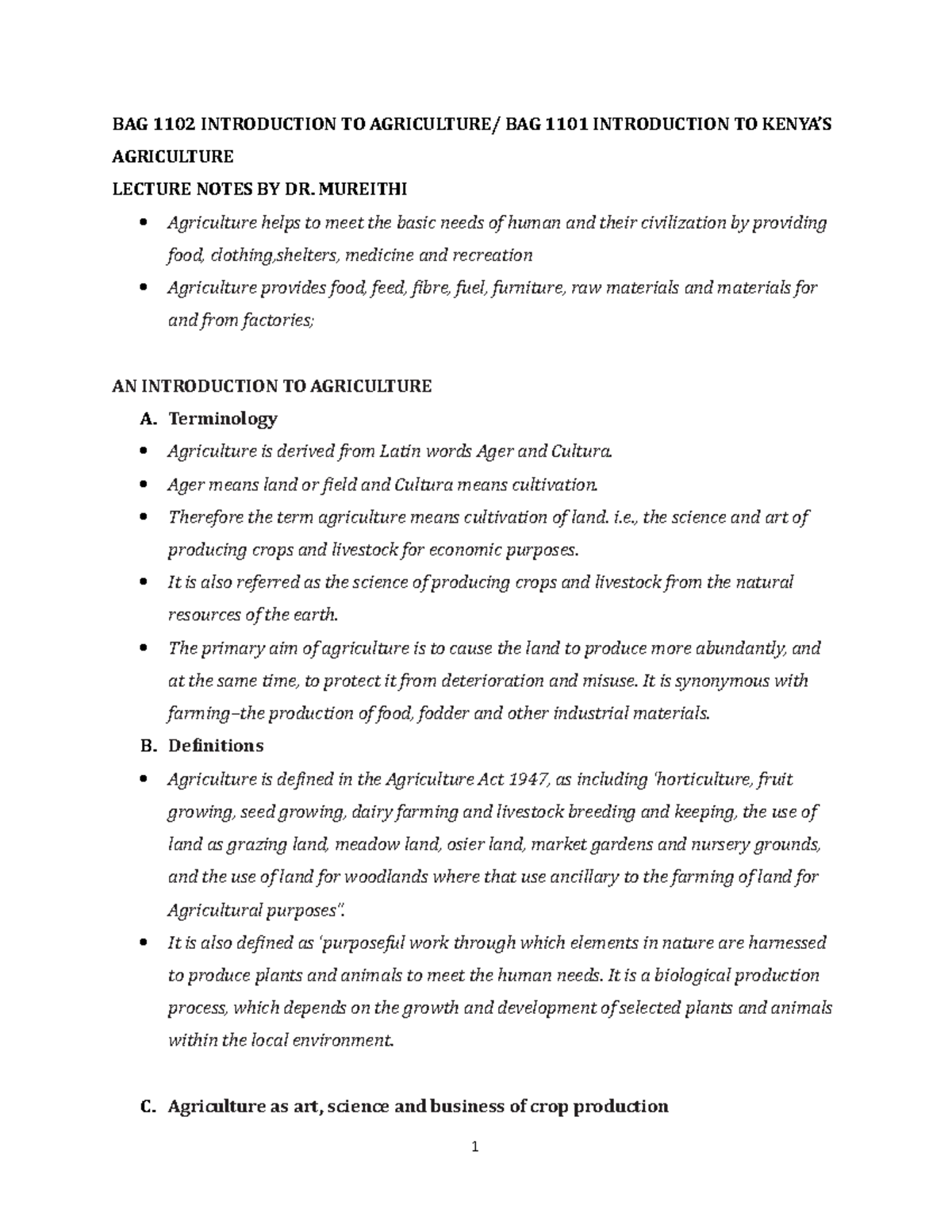 BAG 1102 Introduction TO Agriculture Notes - BAG 1102 INTRODUCTION TO ...