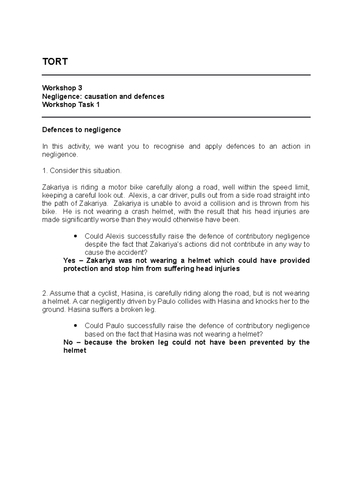 Tort Unit 3 WS1 - Lecture notes 3 - LAWS0013 - Studocu