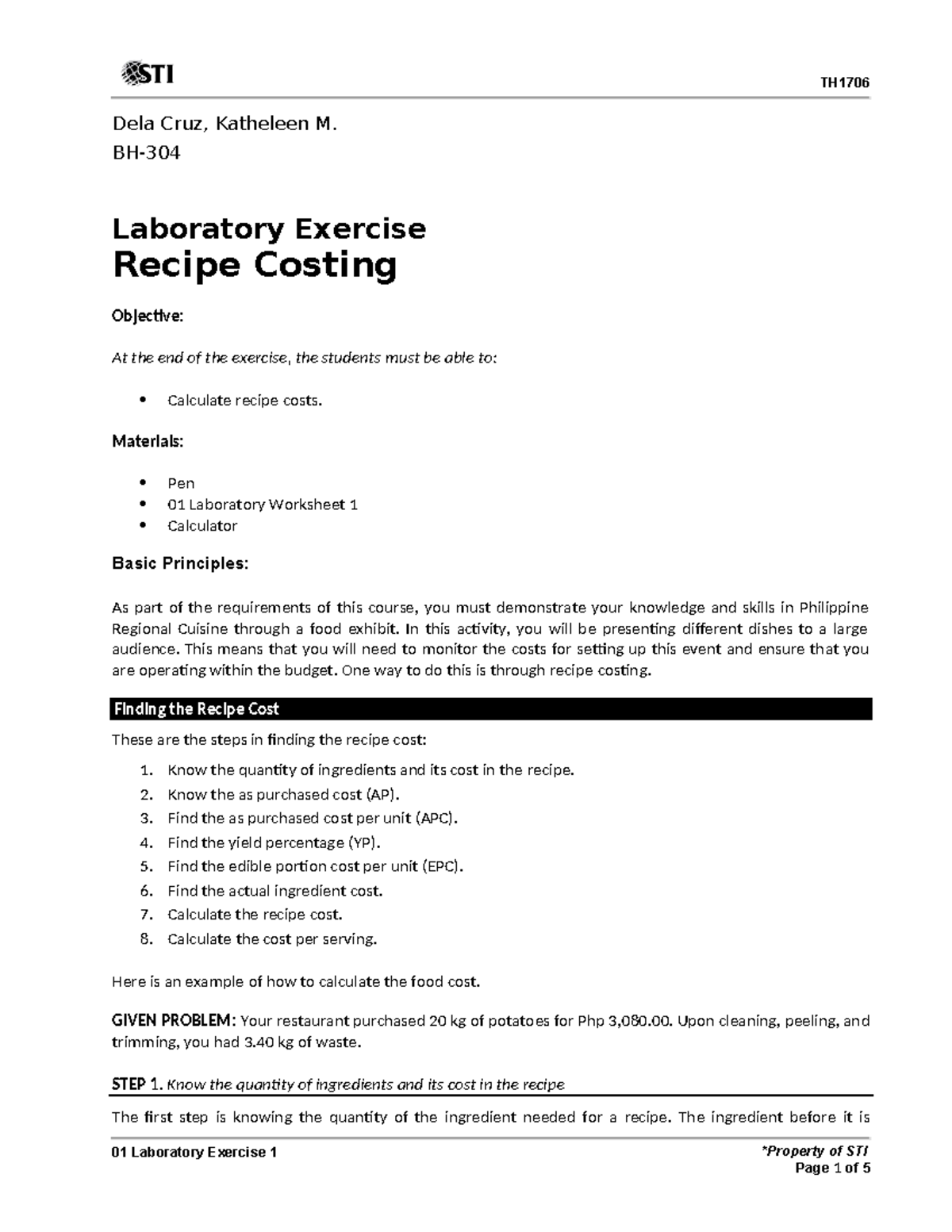 01 Laboratory Exercise - BH- Laboratory Exercise Recipe Costing ...