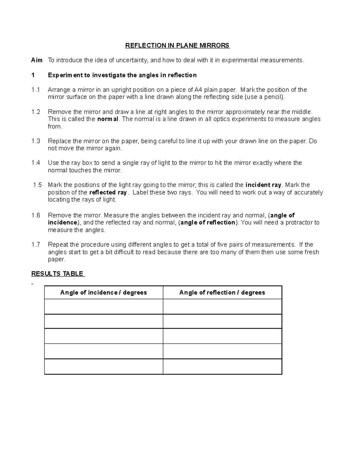 Unit 1 - Experiments on Reflection and Refraction - REFLECTION IN PLANE ...