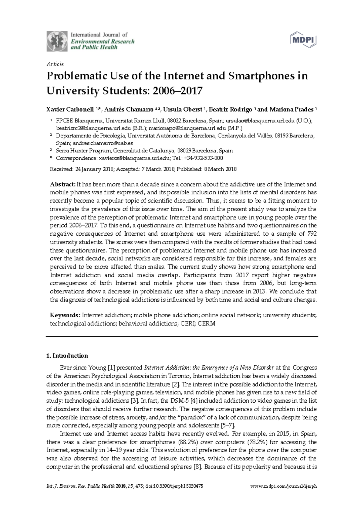 Problematic Use of the Internet and Smartphones in - Int. J. Environ ...