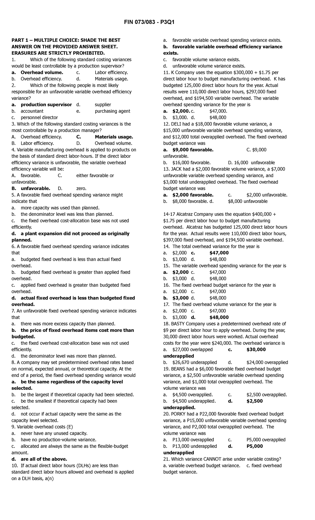 083-P3Q1-TCCGAS - FIN 073/083 - P3Q PART 1 – MULTIPLE CHOICE: SHADE THE ...