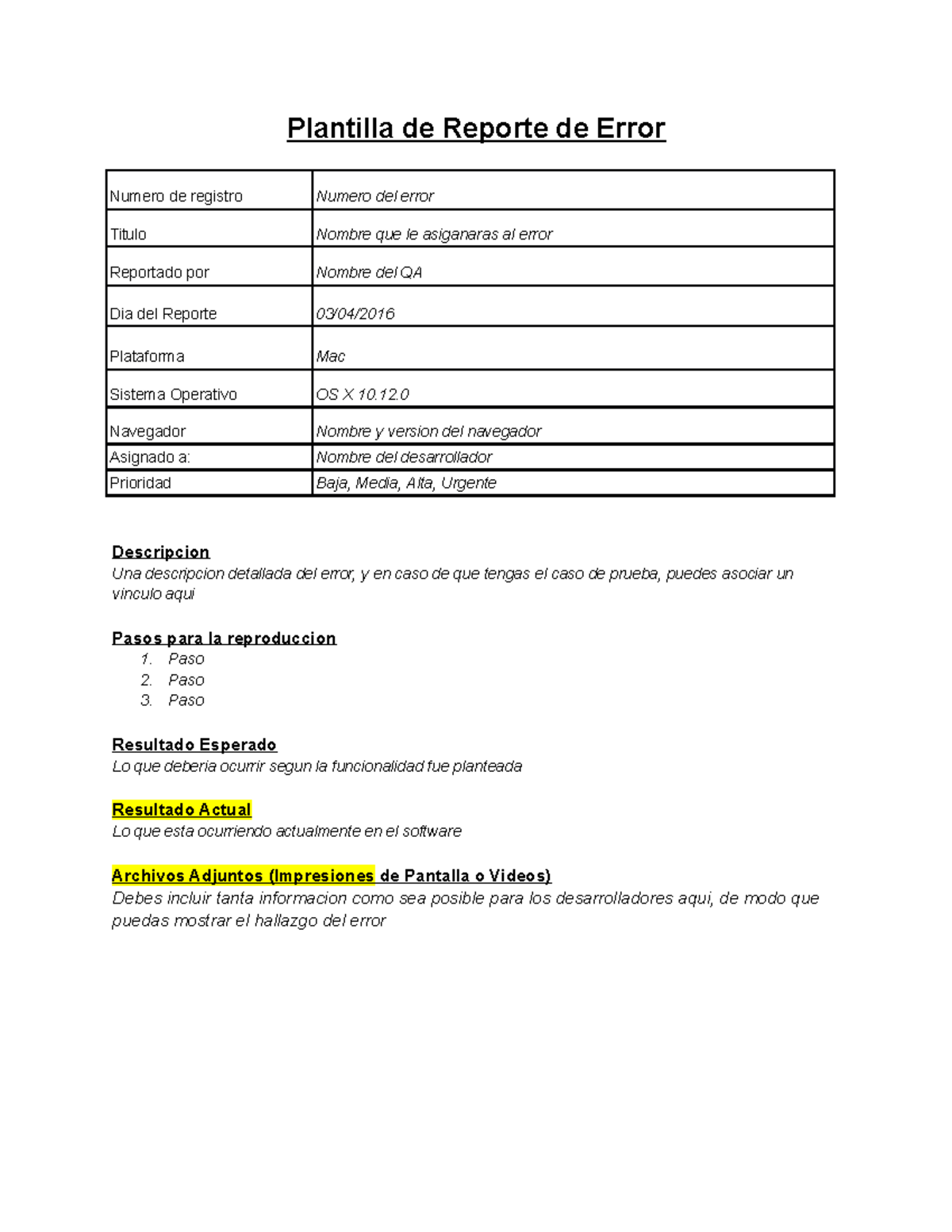 Plantilla reporte errores Casos Prueba - Plantilla de Reporte de Error ...