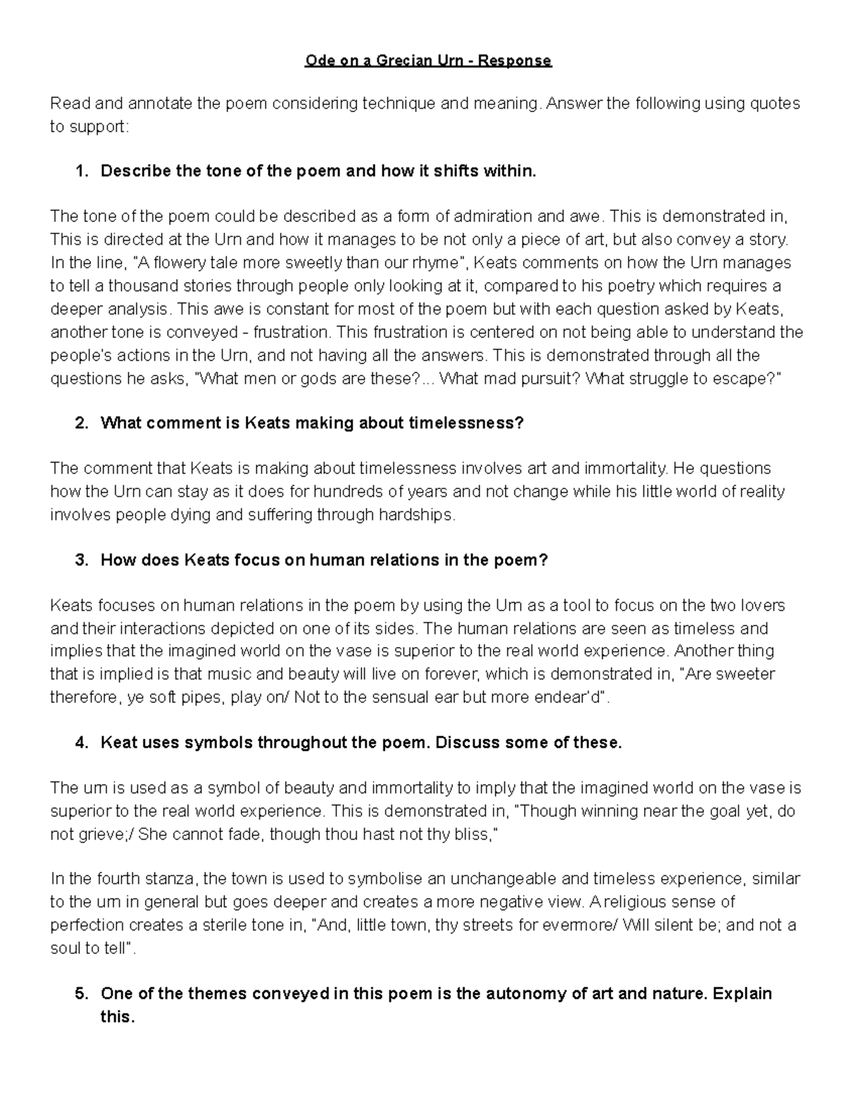 Ode on a Grecian Urn - q and a - English Advanced HSC John Keats - Ode ...