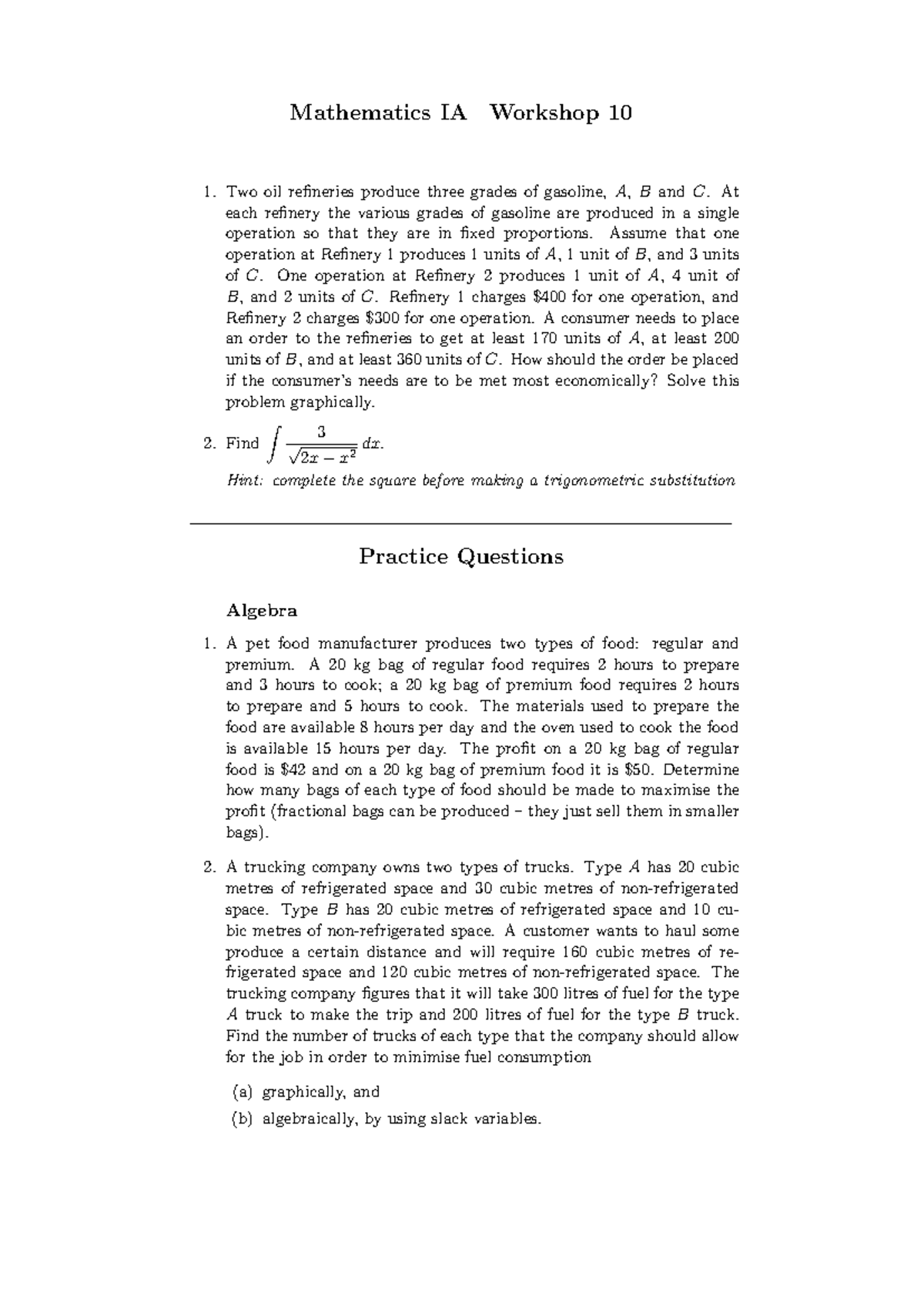 IA Workshop 10 Questions - Mathematics IA Workshop 10 Two oil ...