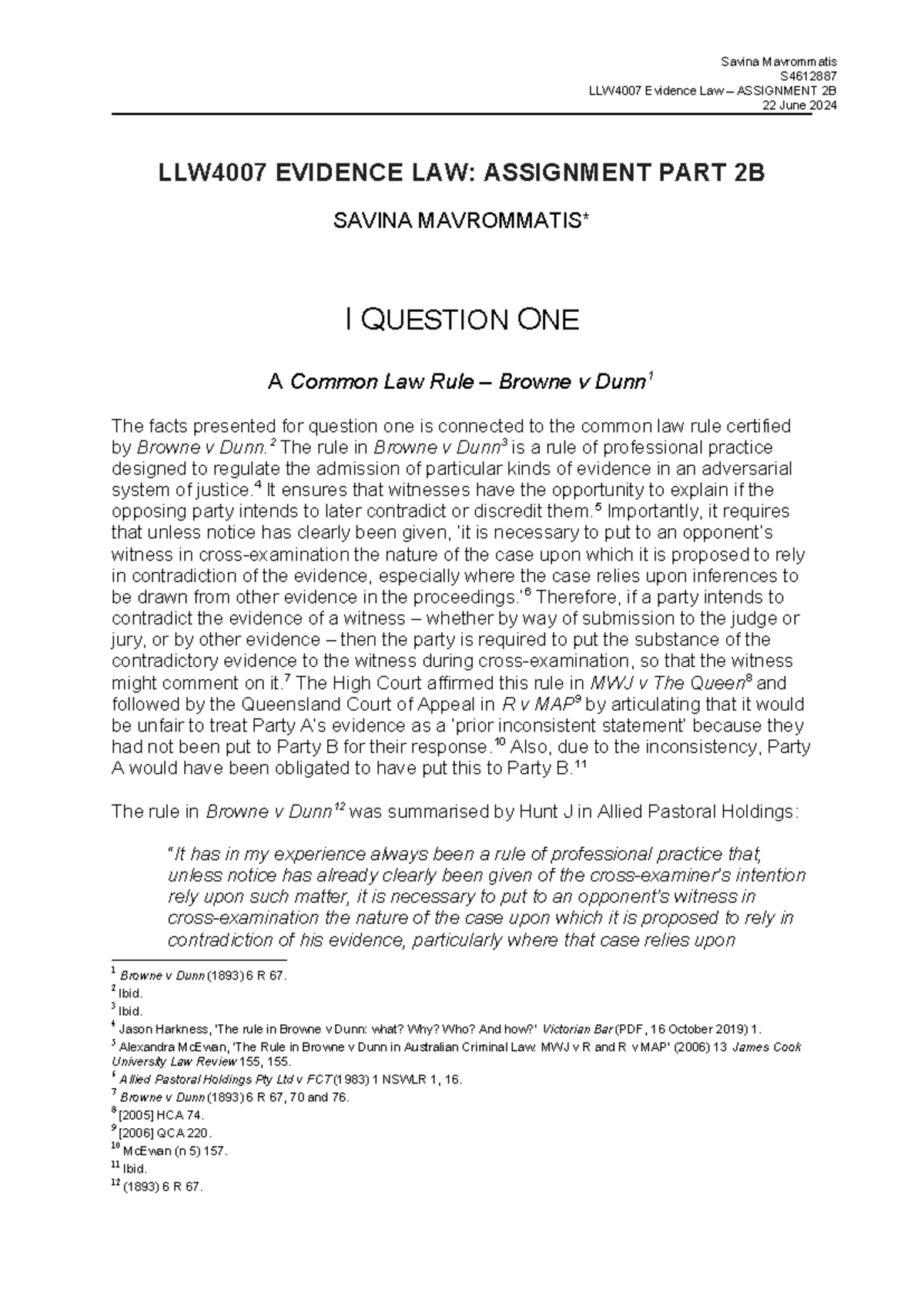 evidence law assignment received HD - S LLW4007 Evidence Law – ASSIGNMENT 2B 22 June 2024 ...