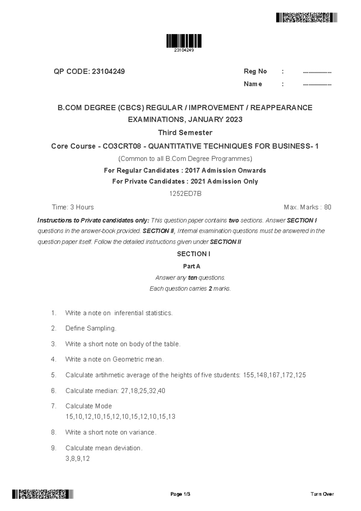 QT 2023 241026 210039 - Quantitative techniques imp qp - QP CODE: 23104249 Reg No : - Studocu