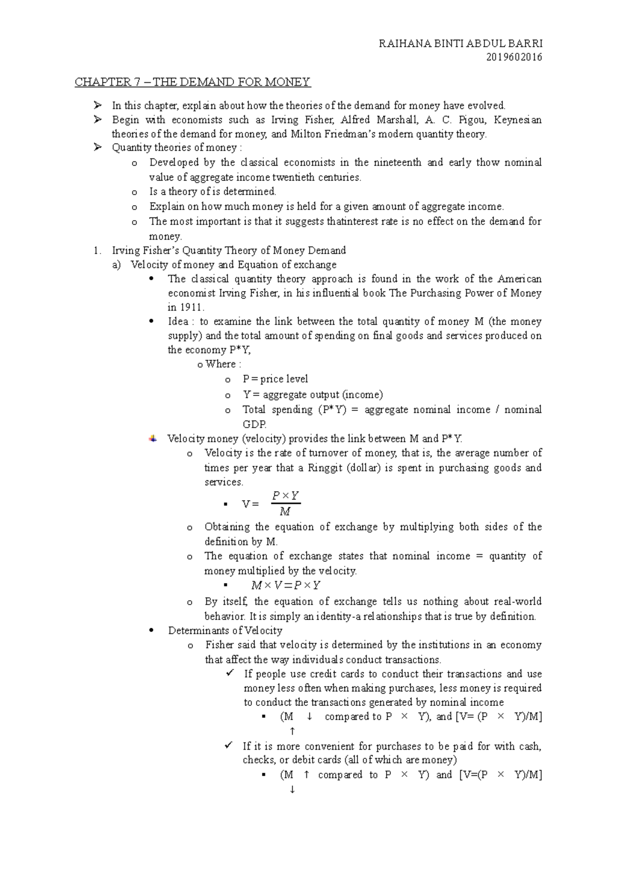 Chapter 7 - eco531 - note - 2019602016 CHAPTER 7 – THE DEMAND FOR MONEY ...