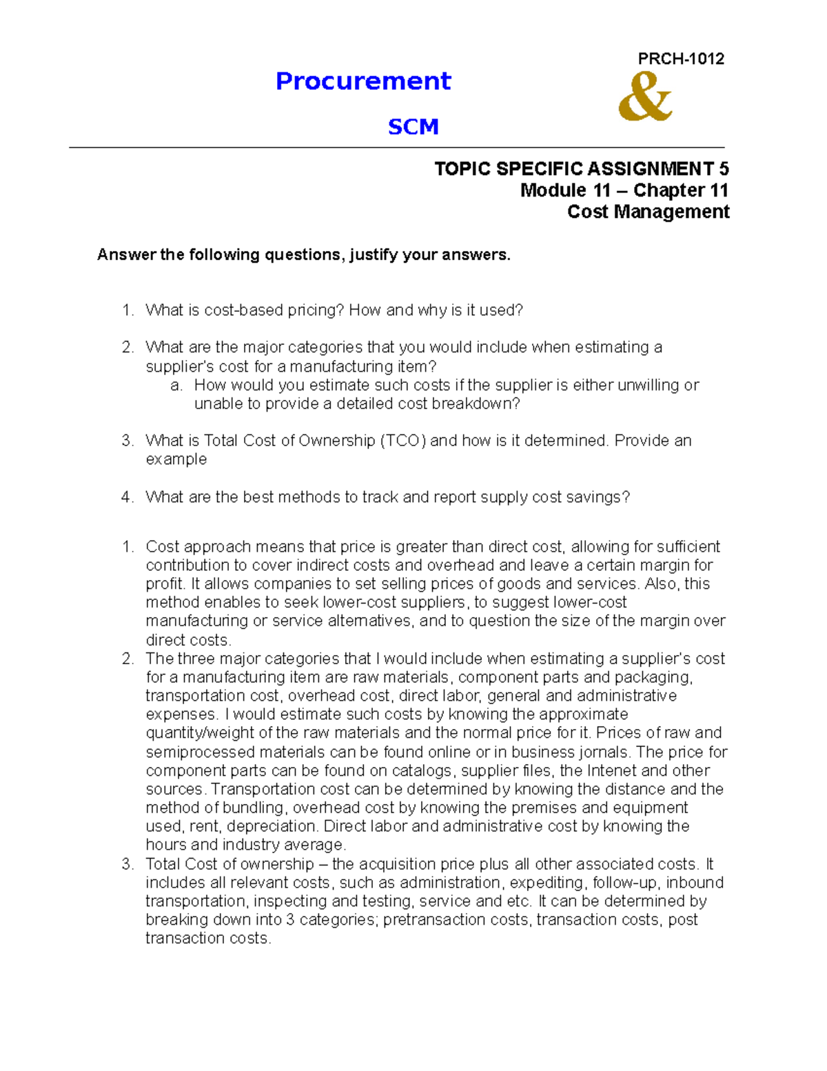 2021 - Topic Specific Assignment 5 - COST - Module 11 - PRCH ...