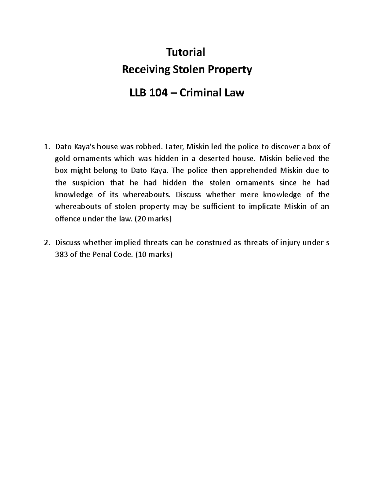 Receiving Stolen Property - Tutorial Receiving Stolen Property LLB 104 ...