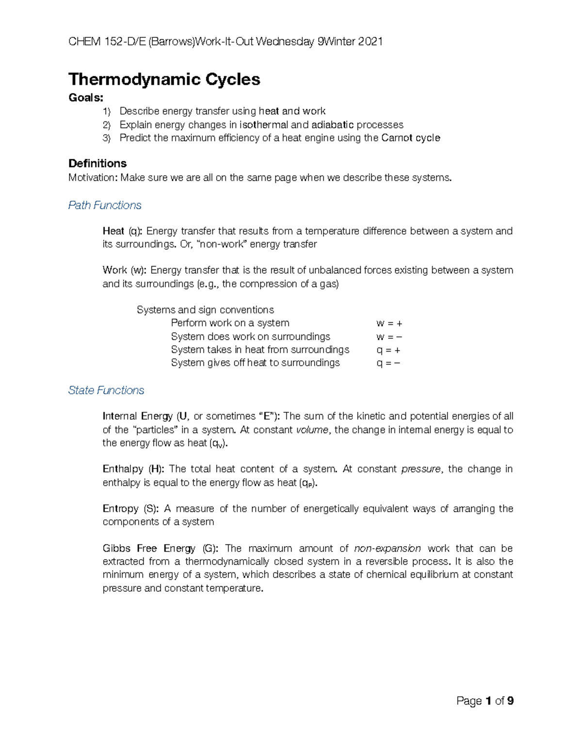 WIO 9 - WORKSHEET - Thermodynamic Cycles Goals: Describe energy ...