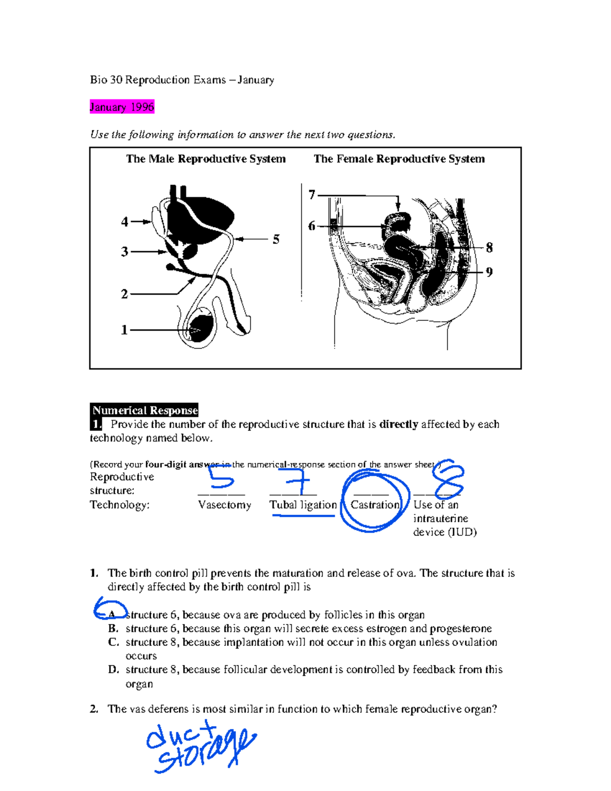 Reproduction and Development Practice Questions - Bio 30 Reproduction ...