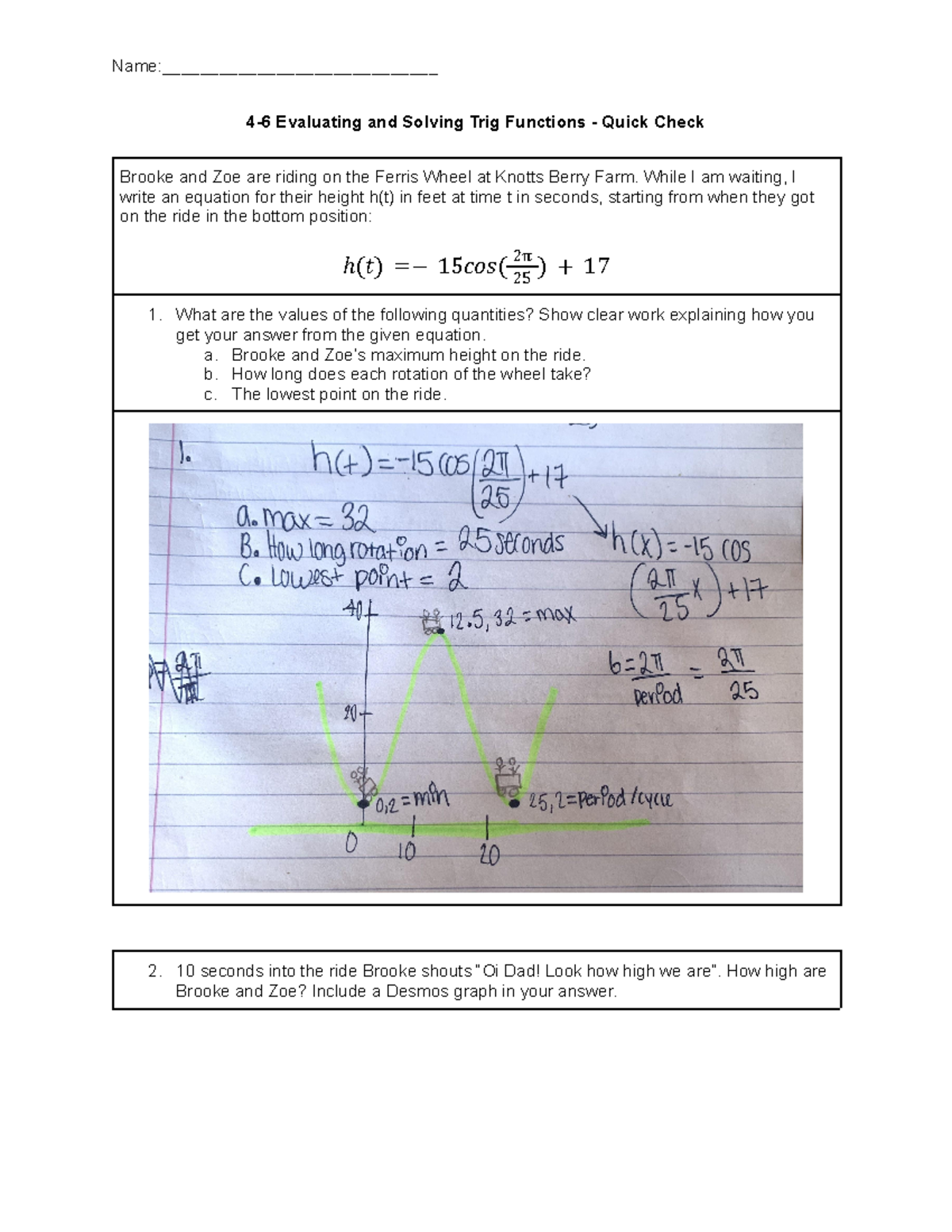 4-6 Quick Check :)- Evaluating and Solving Trig Functions - Name