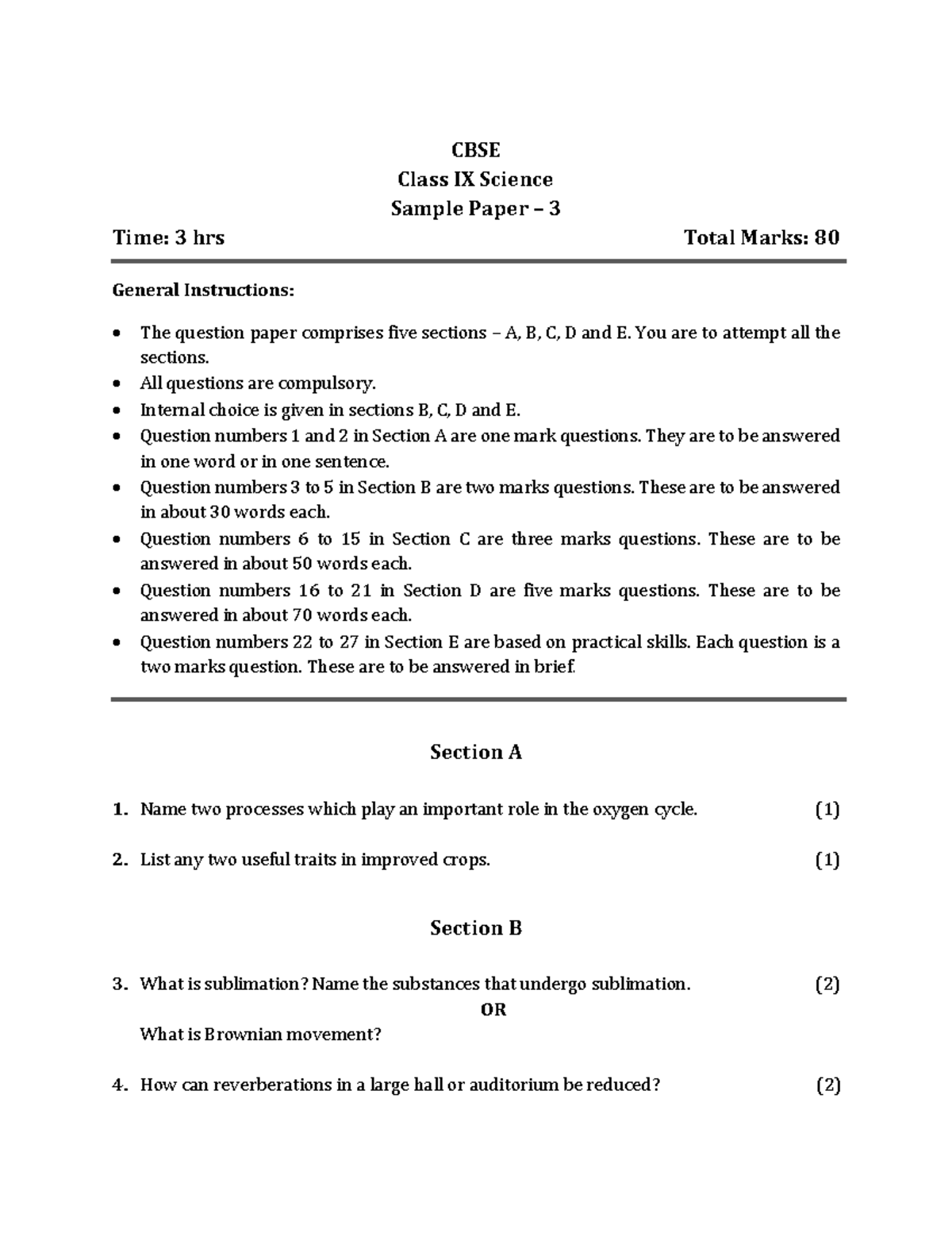 Sample Paper – 3 - CBSE Class IX Science Sample Paper – 3 Time: 3 hrs ...