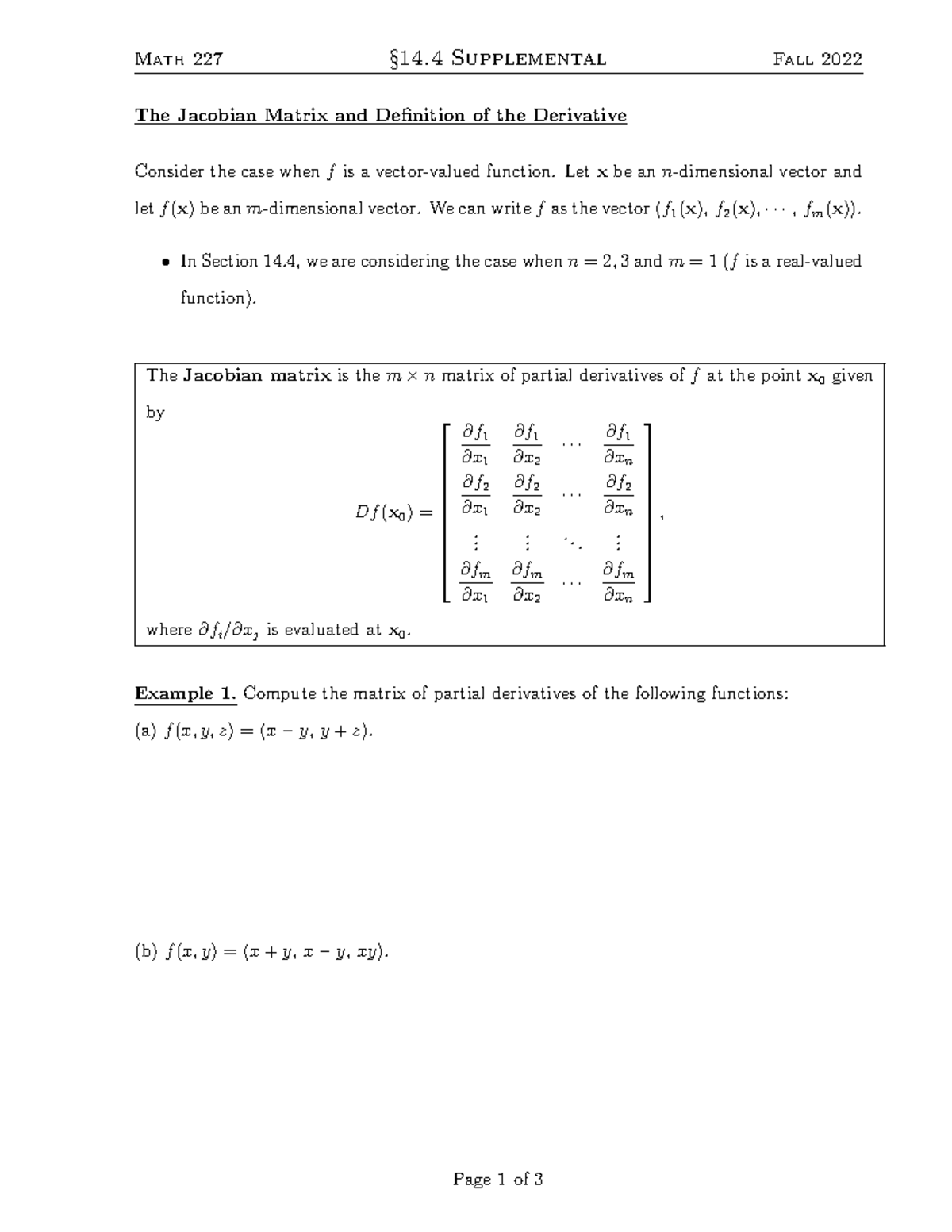 Derivative Notes - Math 227 §14 Supplemental Fall 2022 The Jacobian ...