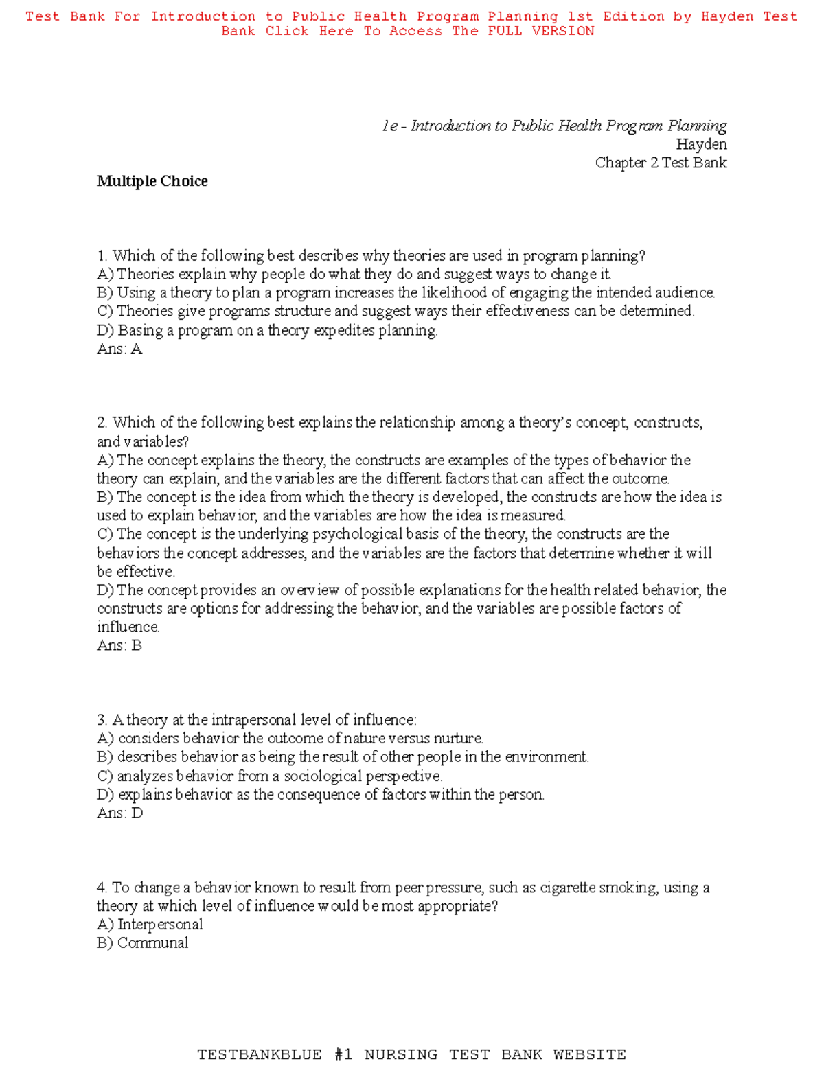 Test Bank for Introduction to Public Health Program Planning 1st ...