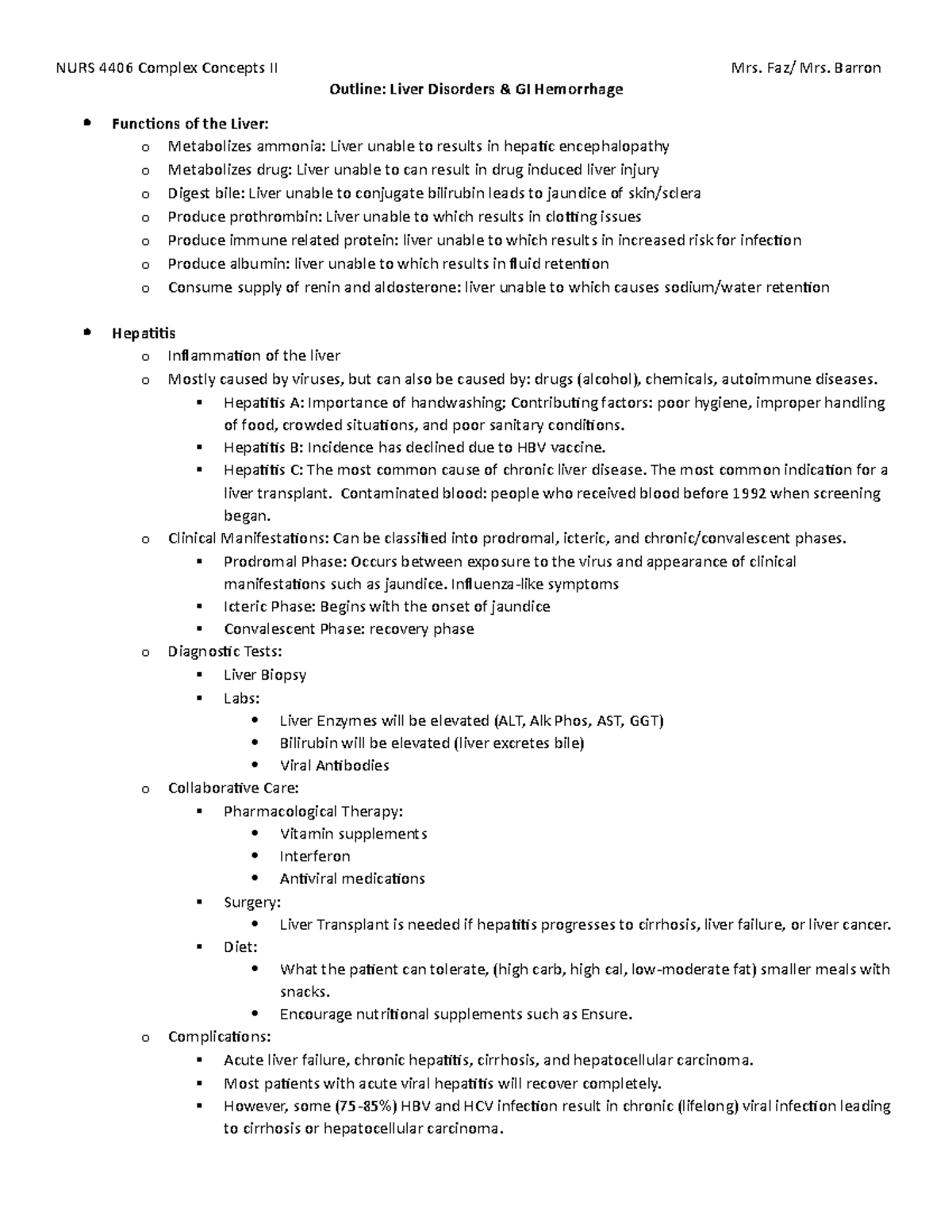 3A Liver Disorders - GI Bleed Outline - Outline: Liver Disorders & GI ...