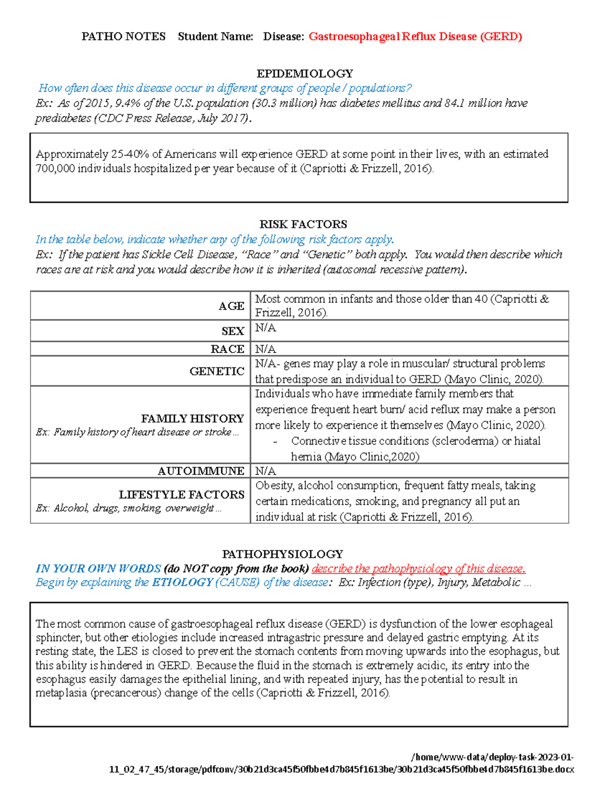 PN8 GERD - GERD Patho - PATHO NOTES Student Name: Disease ...