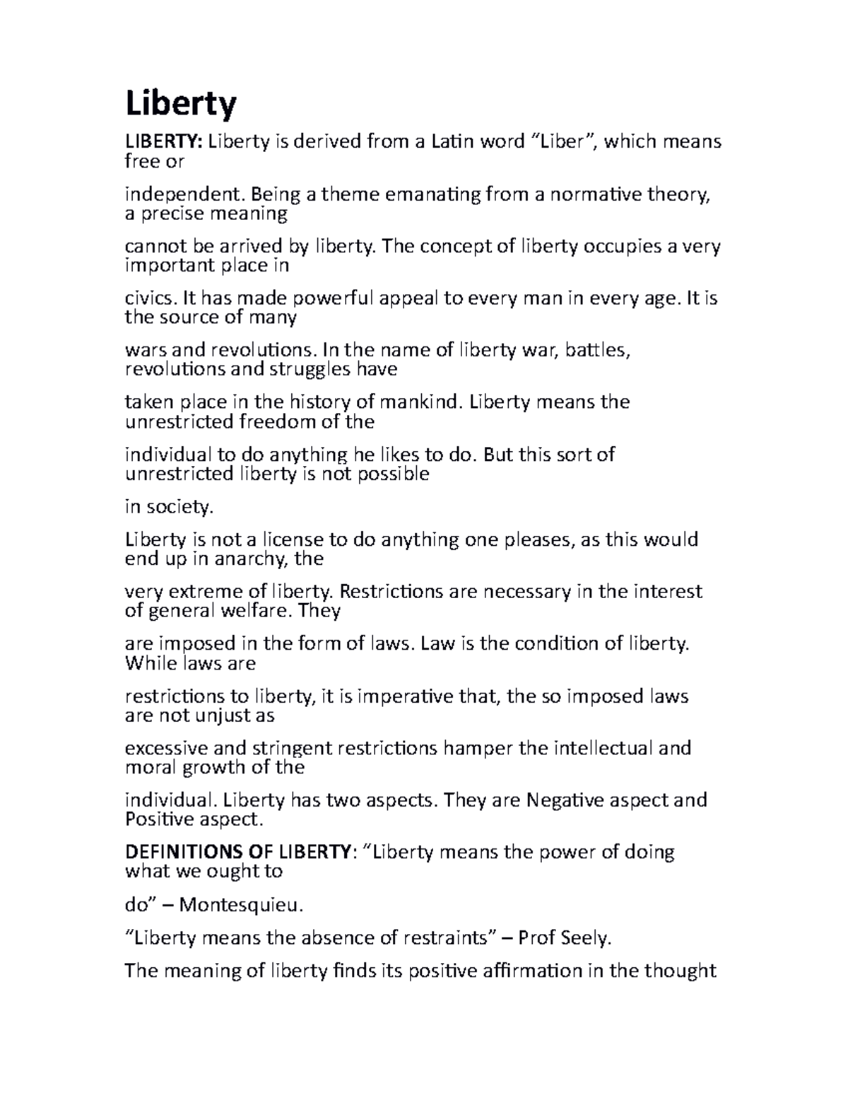 Liberty - ba 2 sem polity notes - Liberty LIBERTY: Liberty is derived ...