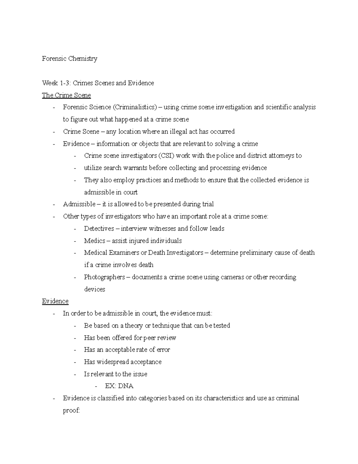 Forensic Chem PP Notes - Forensic Chemistry Week 1-3: Crimes Scenes and ...
