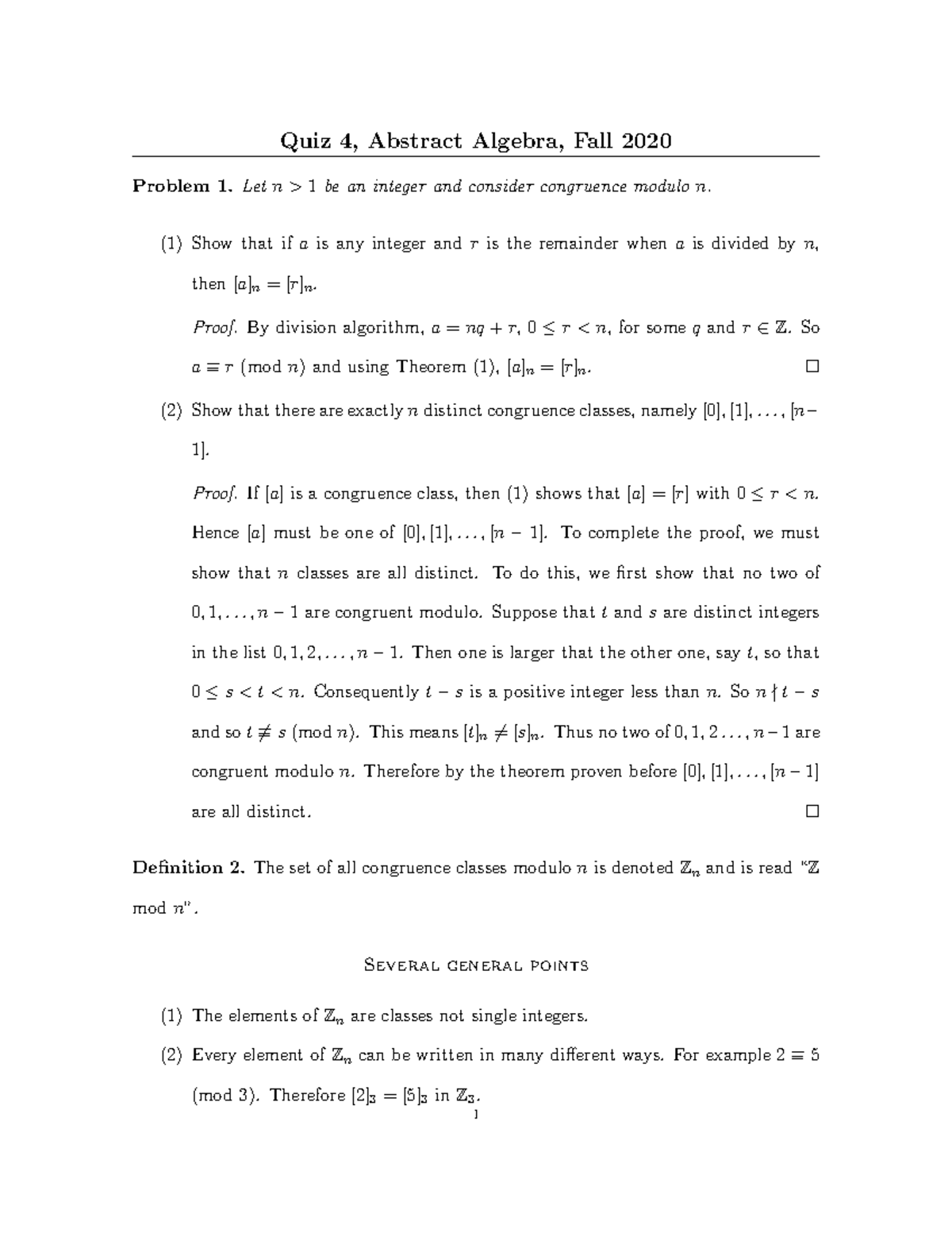 Quiz4 - Division Algorithm - Quiz 4, Abstract Algebra, Fall 2020 Problem 1. Let n > 1 be an ...