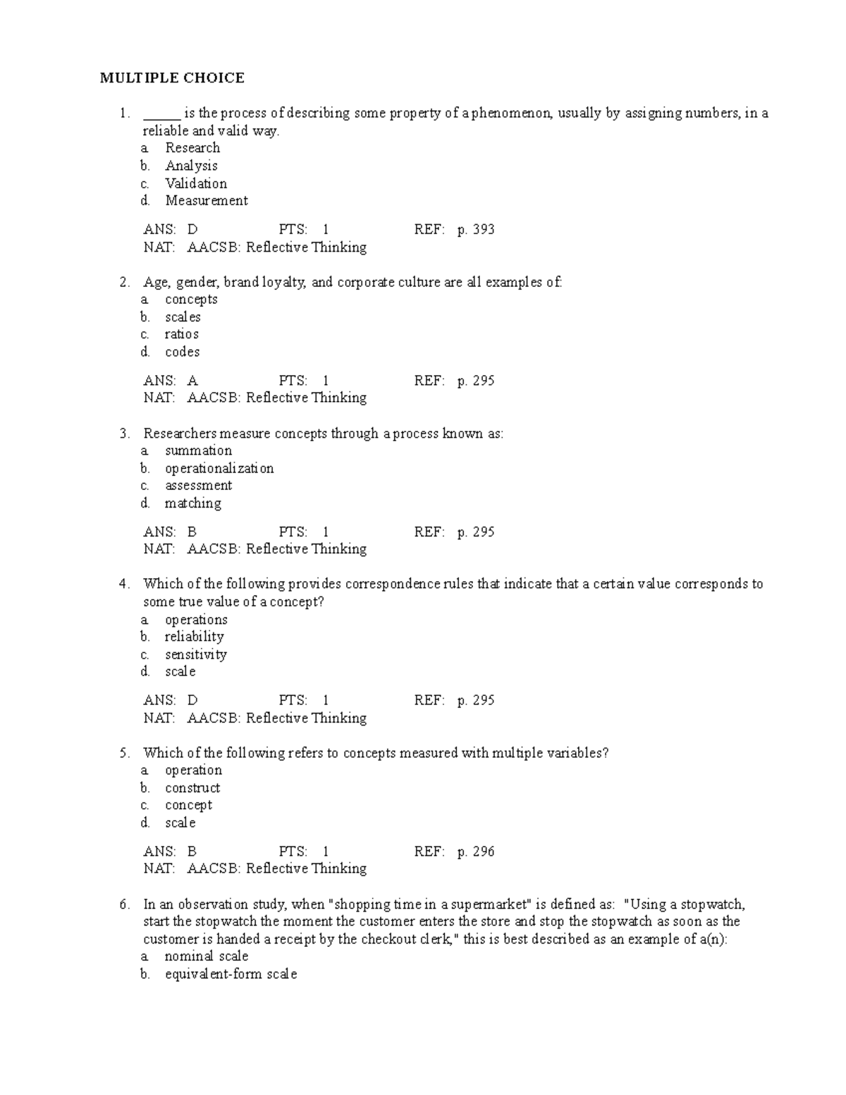 Chapter 13—Measurement-MCQ - MULTIPLE CHOICE _____ is the process of ...