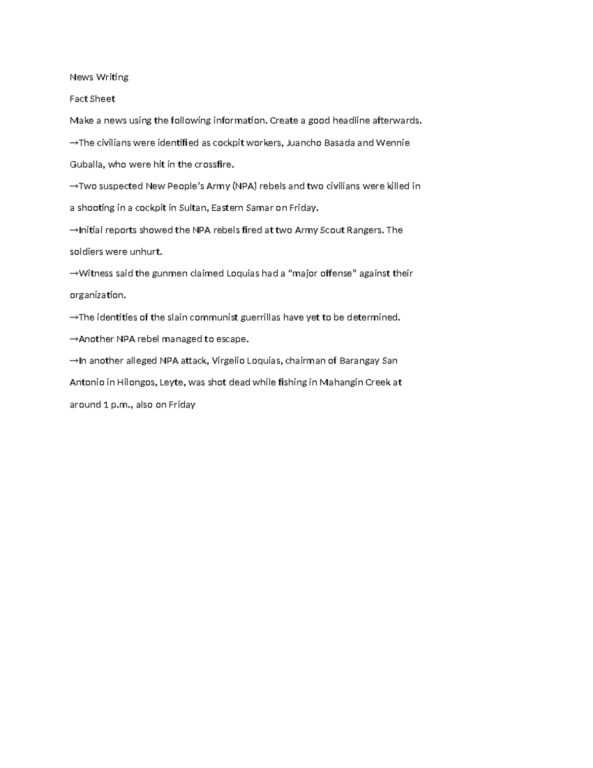 News Writing fact sheets - News Writing Fact Sheet Make a news using ...