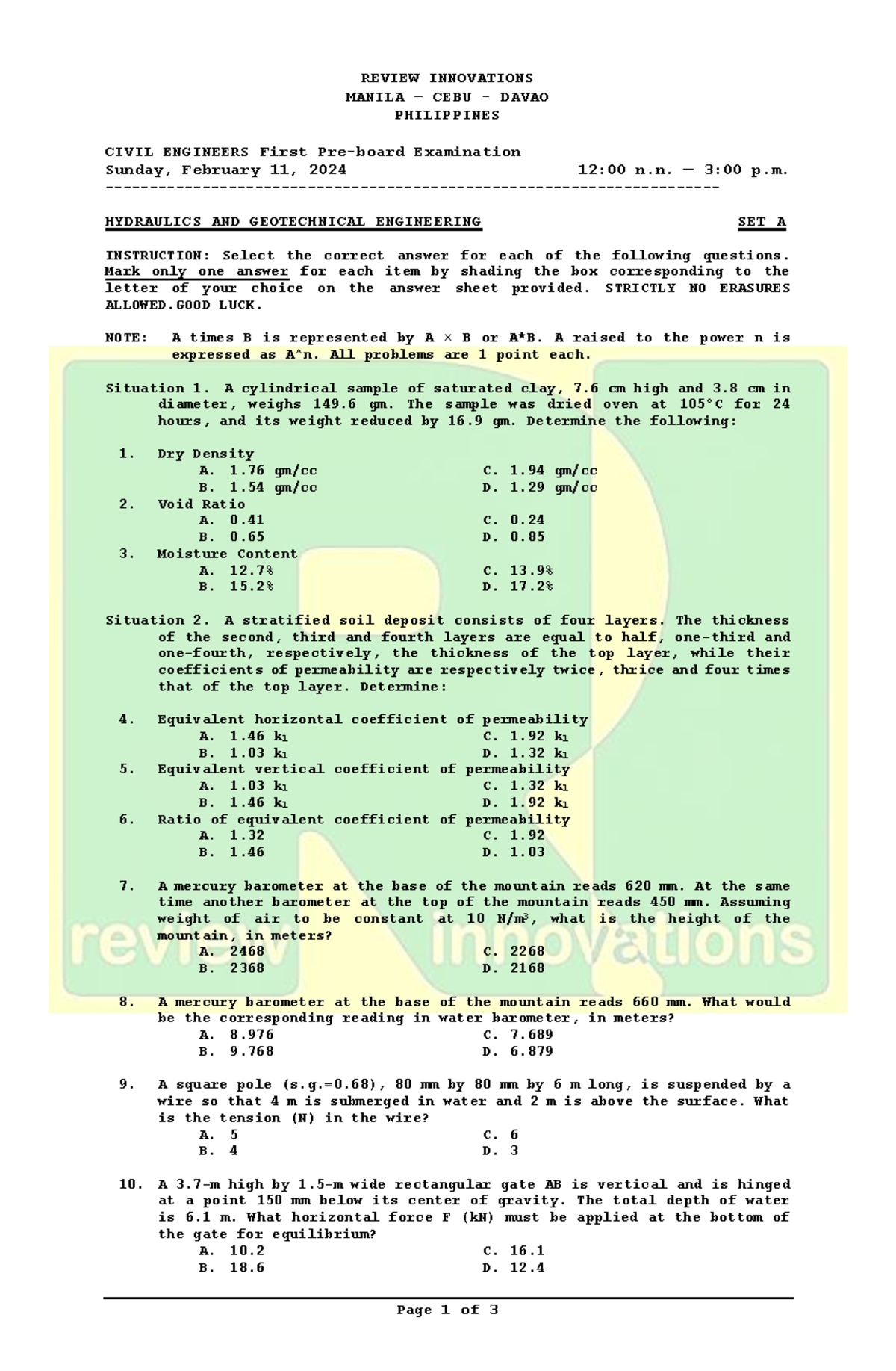 preboard Civil - Page 1 of 3 REVIEW INNOVATIONS MANILA – CEBU - DAVAO ...