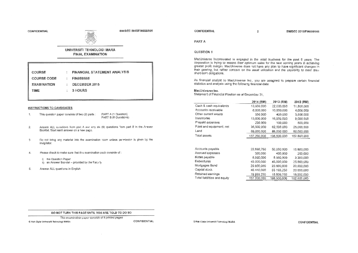 FIN658 - Dec 2015 PYQ - CONFIDENTIAL CONFIDENTIAL 2 PART A UNIVERSITI TEKNOLOGI MARA QUESTION 1 ...