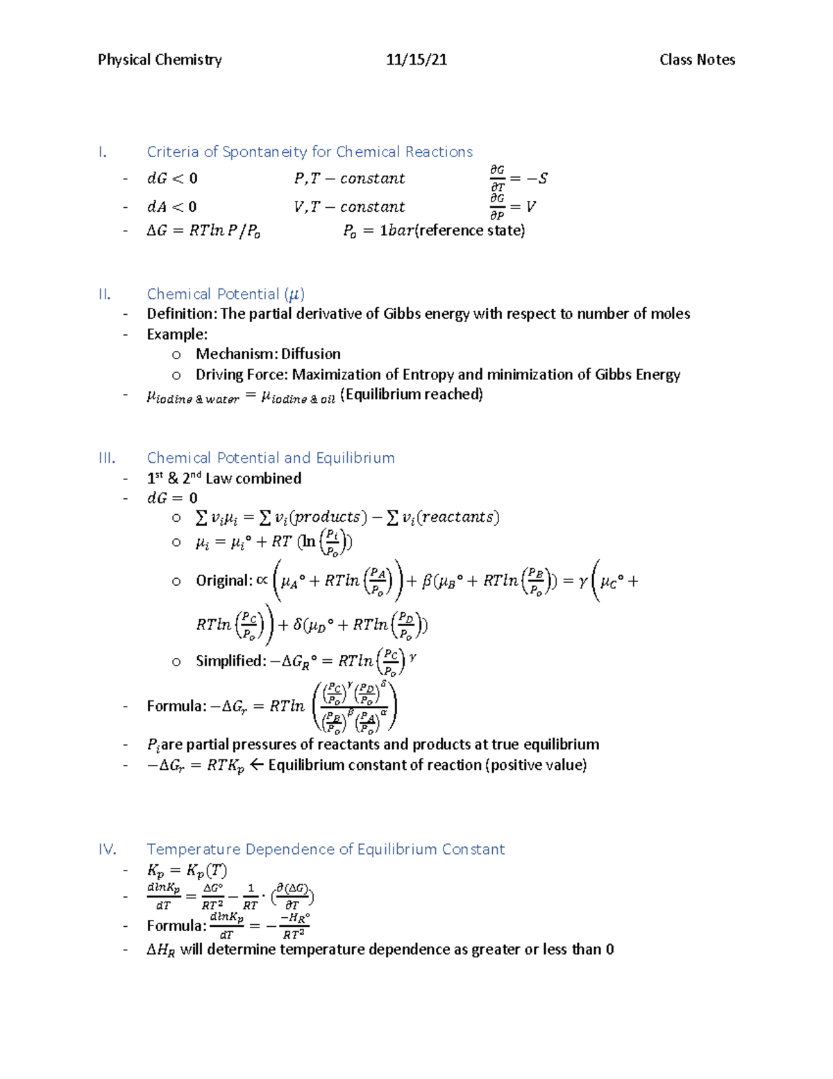 Phys Chem Notes 7 - Physical Chemistry 11/15/21 Class Notes I. Criteria ...