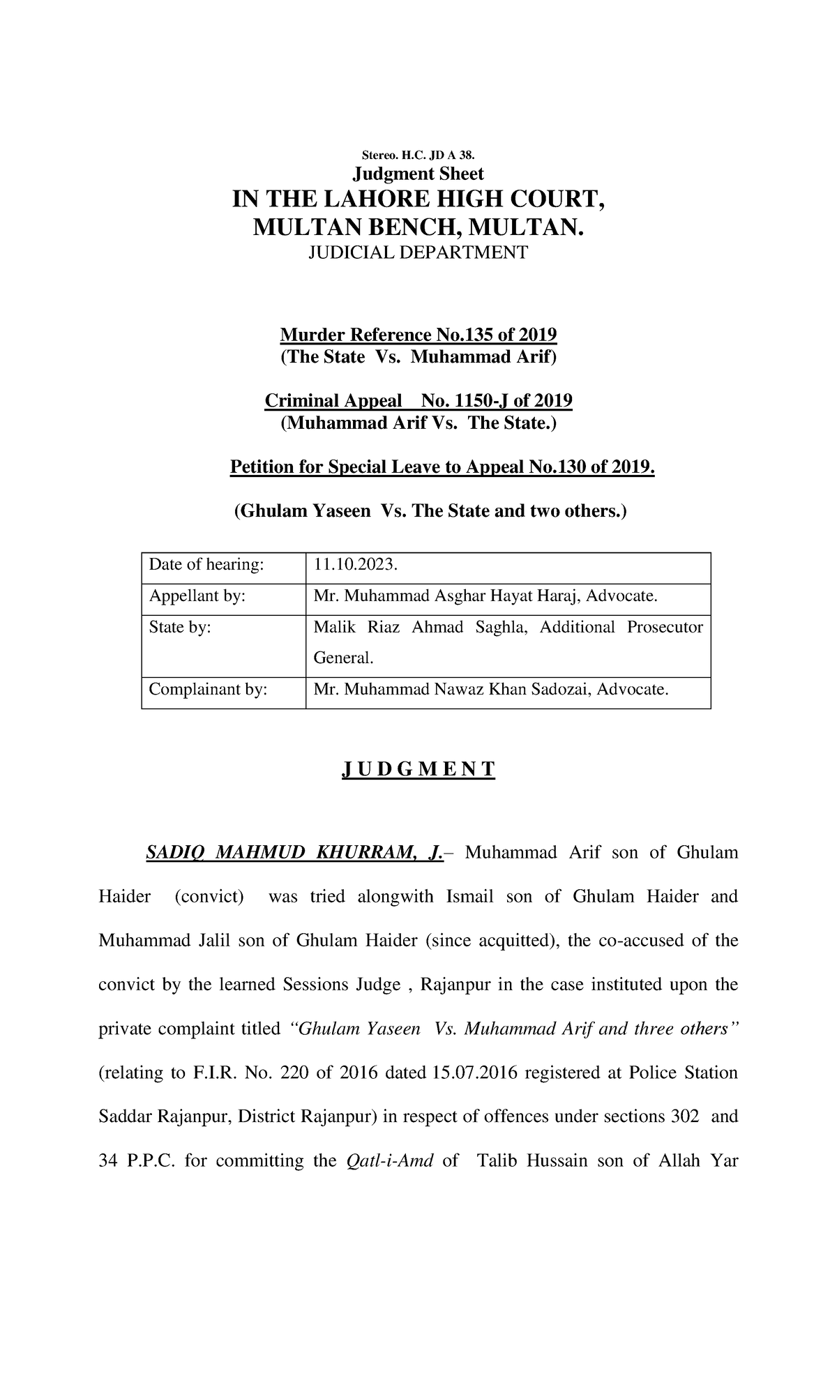 2023LHC7265 - Stereo. H. JD A 38. Judgment Sheet IN THE LAHORE HIGH ...