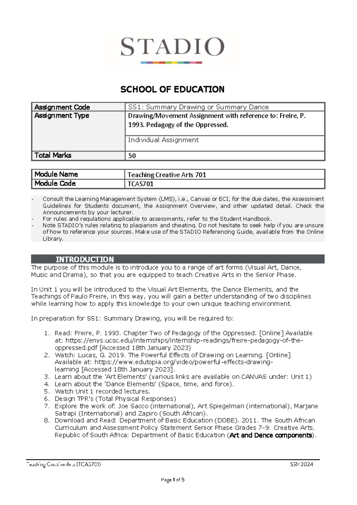 Stadio Assignment SS1 TCAS701 2024-1 - SCHOOL OF EDUCATION Assignment ...