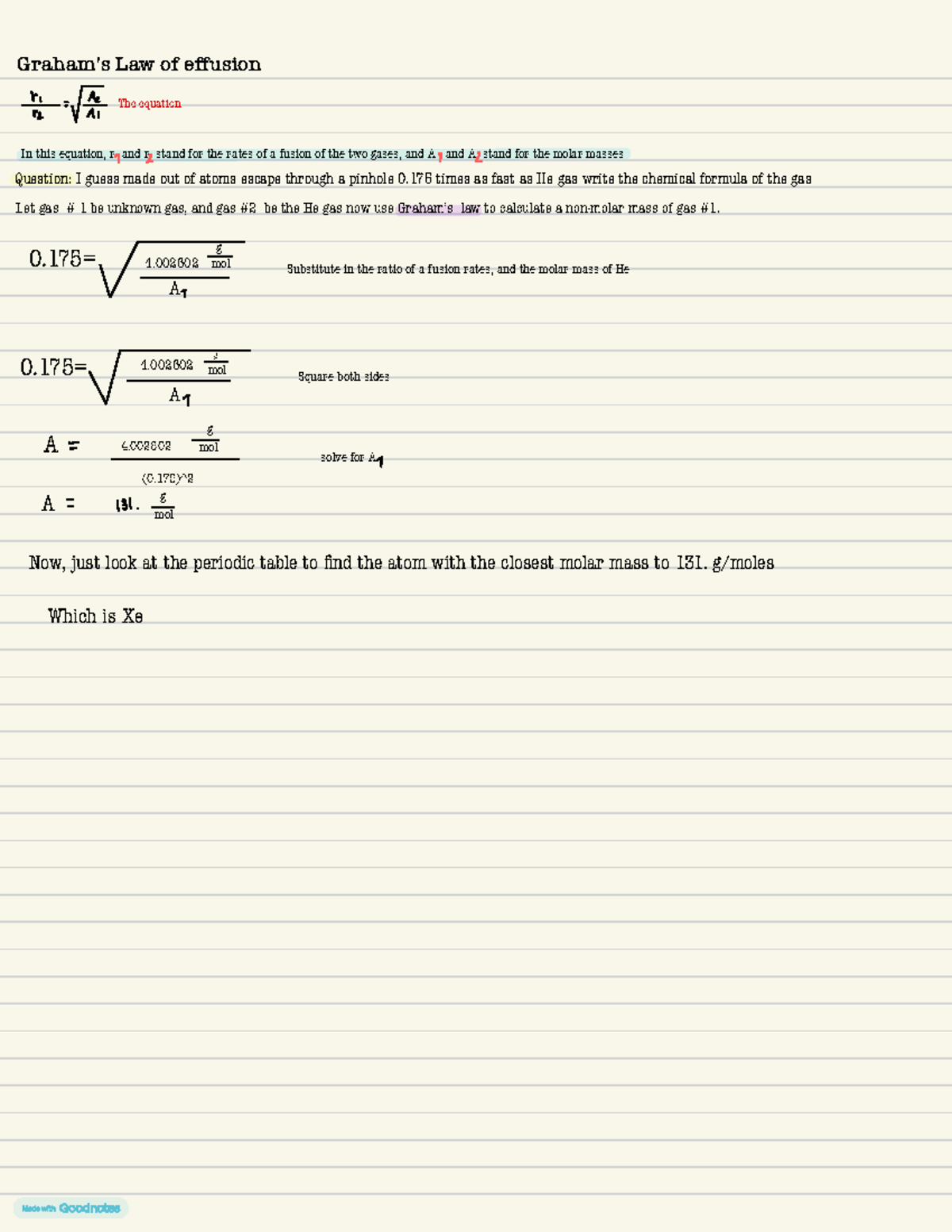Chemistry lecture - Gas laws - Graham's Law of effusion The equation ...