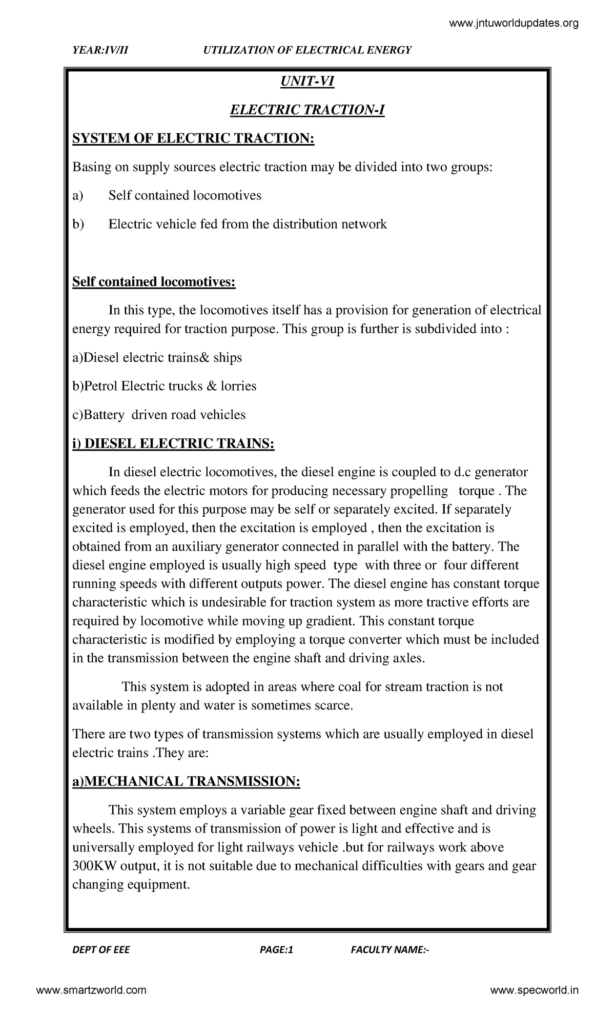 UEE UNIT-6 - EXPLANATION OF ELECTRIC TRACTION - YEAR:IV/II UTILIZATION OF ELECTRICAL ENERGY DEPT ...