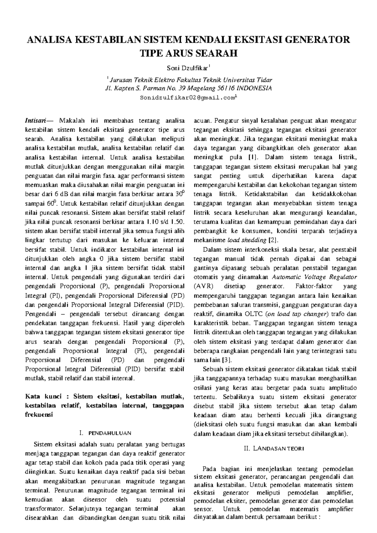 Analisa Kestabilan Sistem Kendali Eksitasi Generator - ANALISA ...