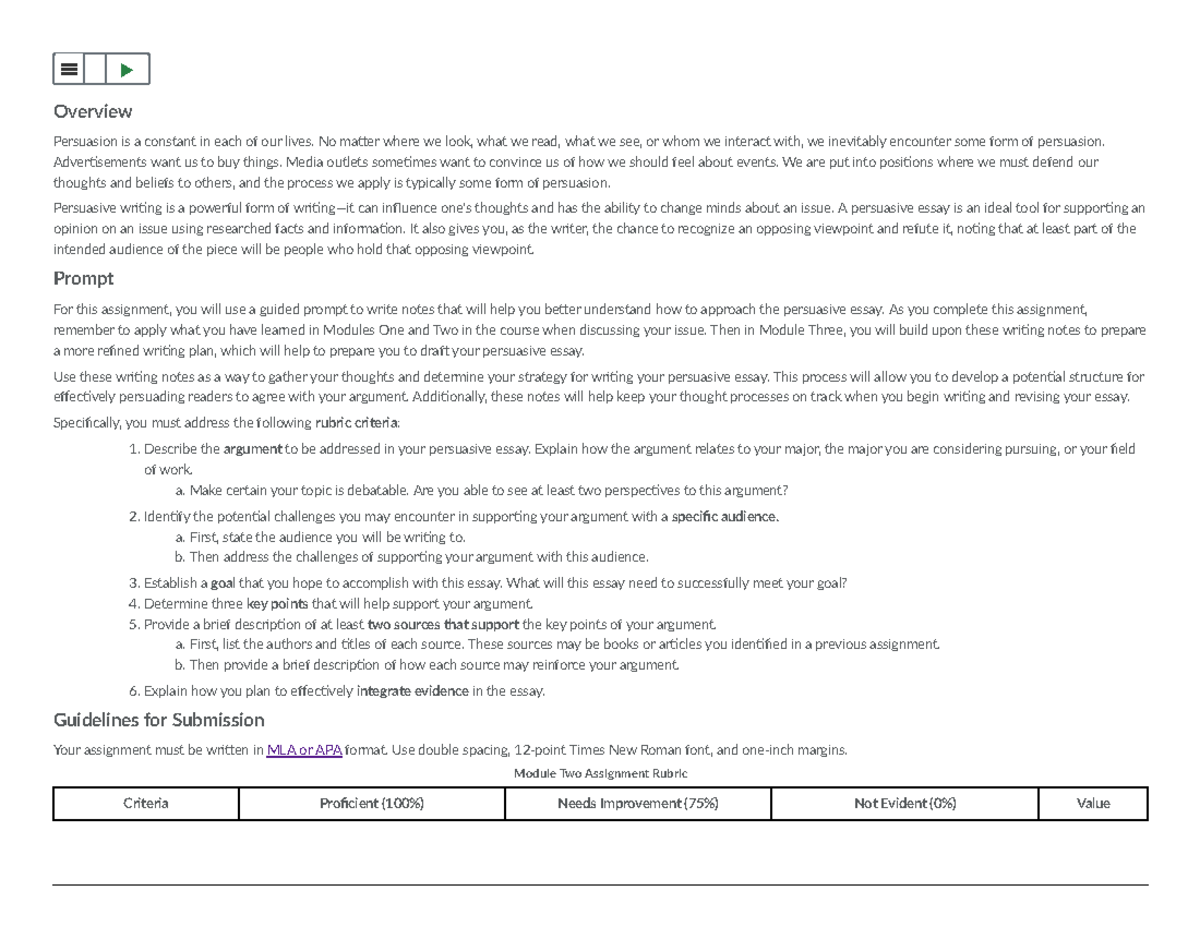 Module Two Assignment Guidelines and Rubric - Overview Persuasion is a ...