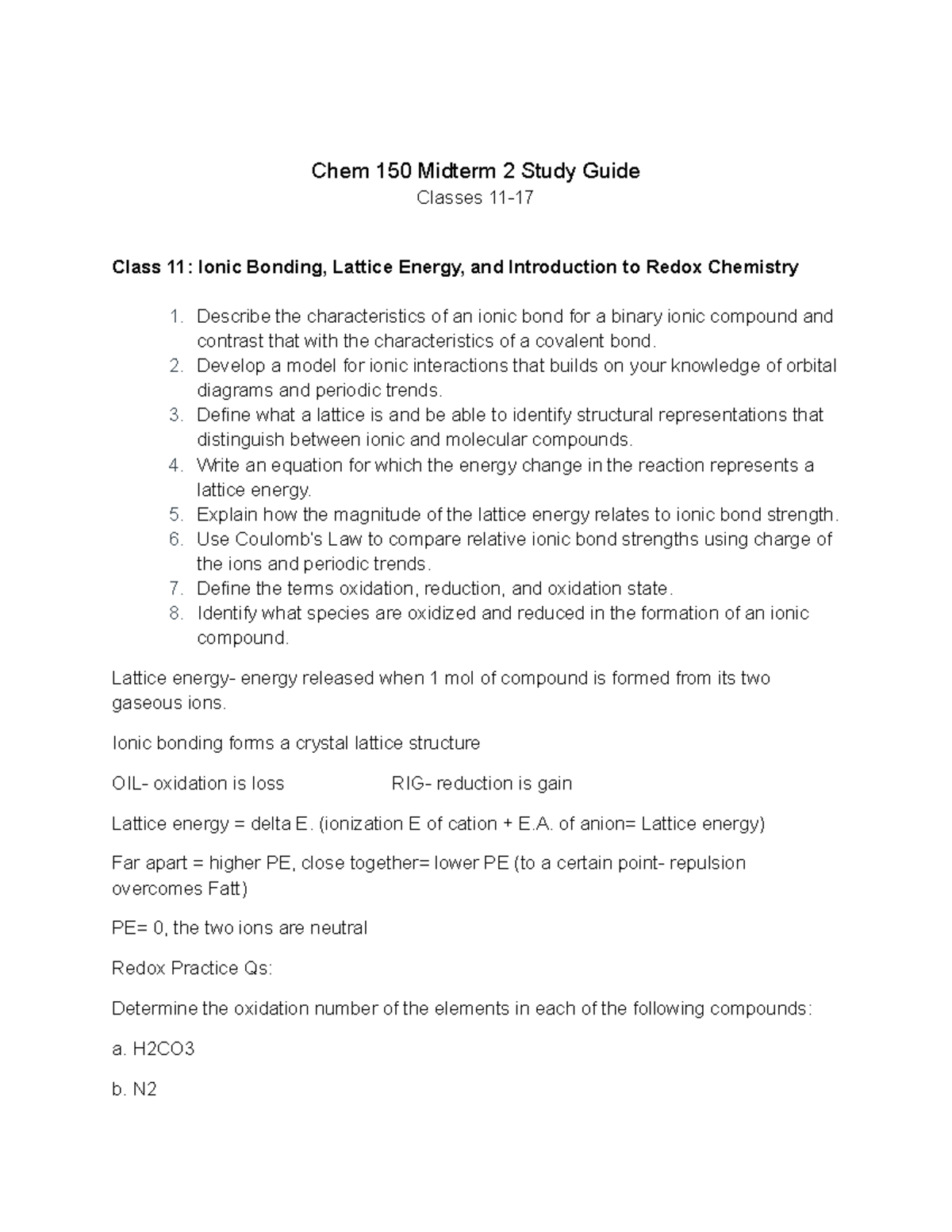 CHEM 150 Midterm 2 Study Guide - Chem 150 Midterm 2 Study Guide Classes ...